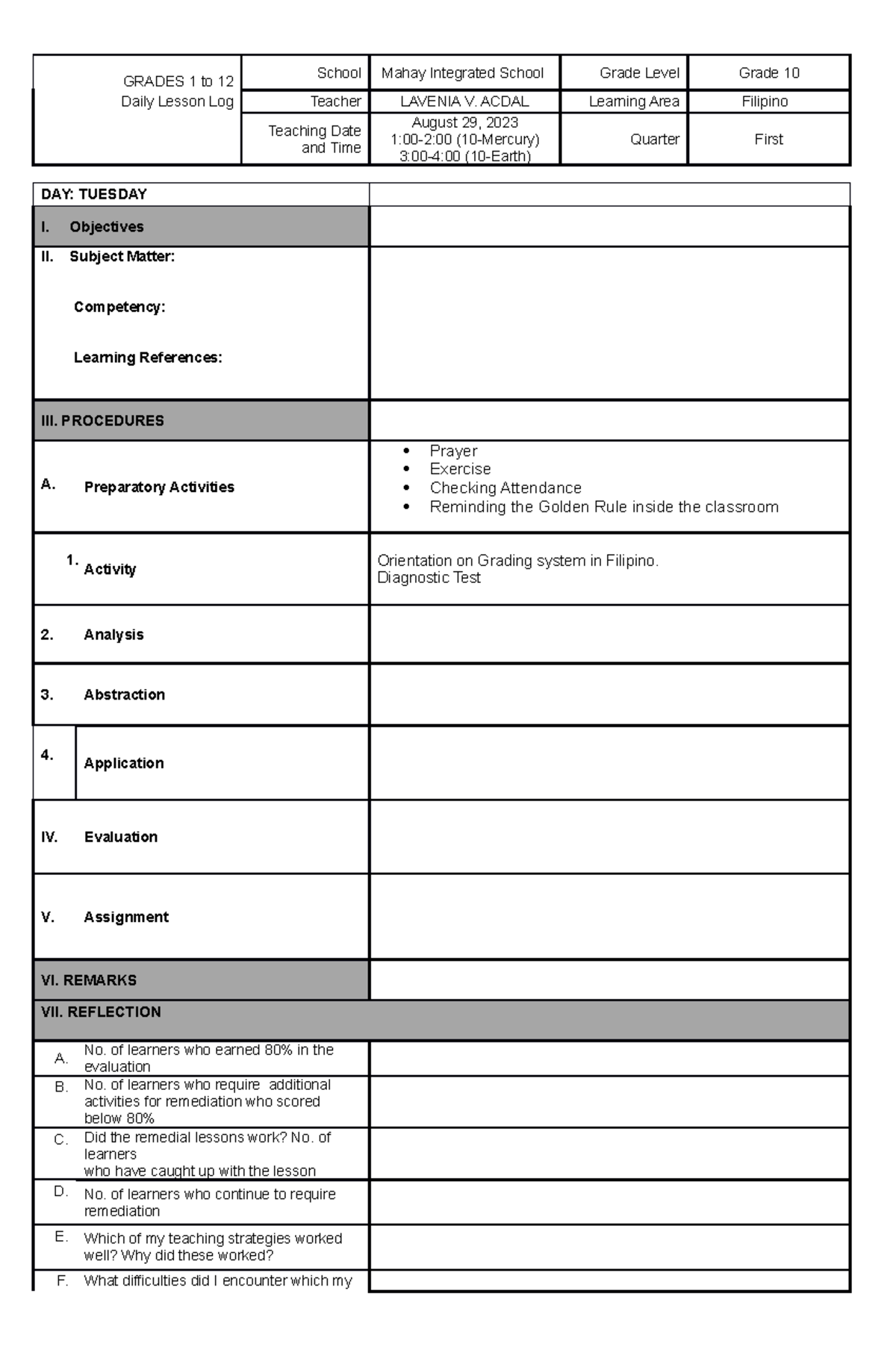 DLL- Filipino 10-Aug 29, 2023 - GRADES 1 to 12 School Mahay Integrated ...