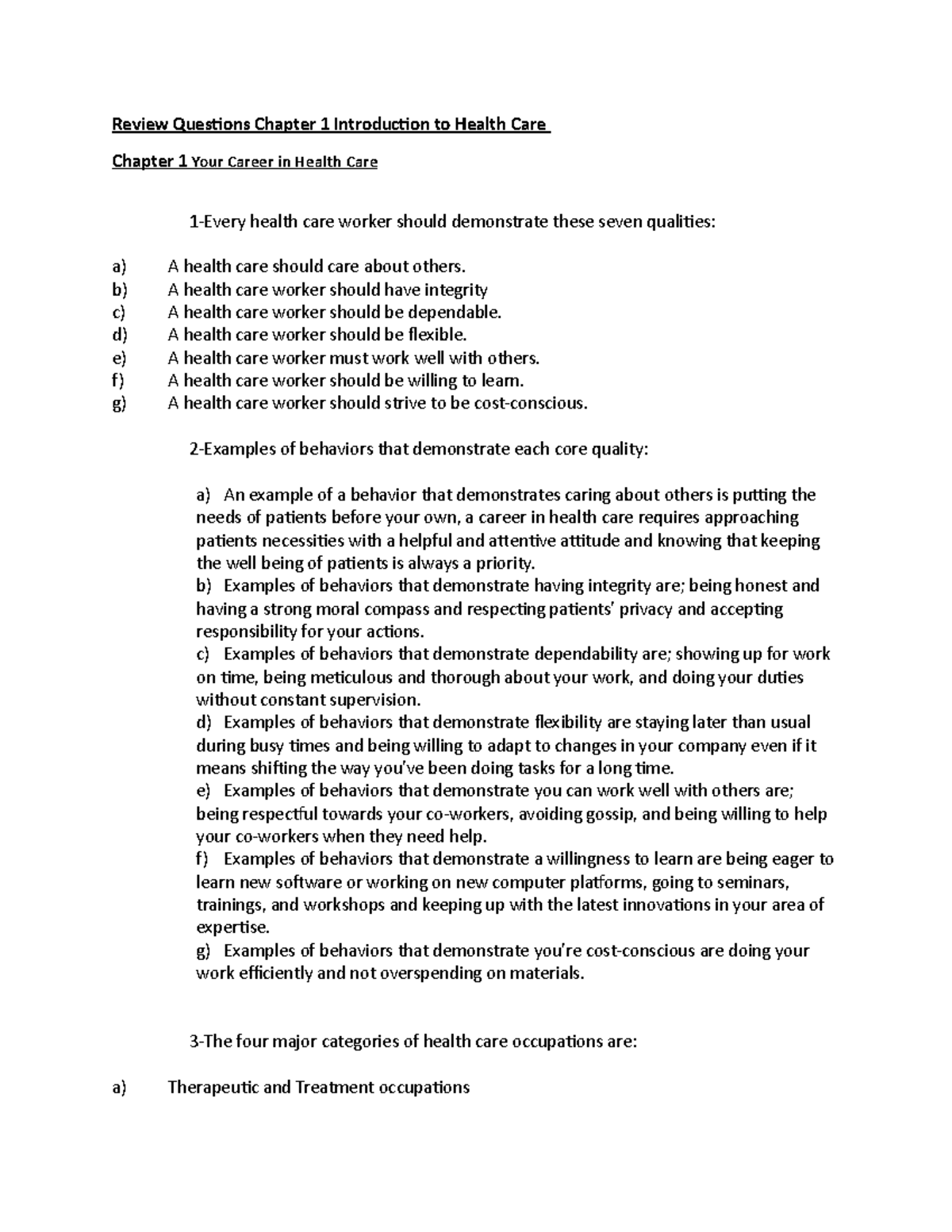 Review Questions Chapter 1-Int to Health Care - Review Questions ...