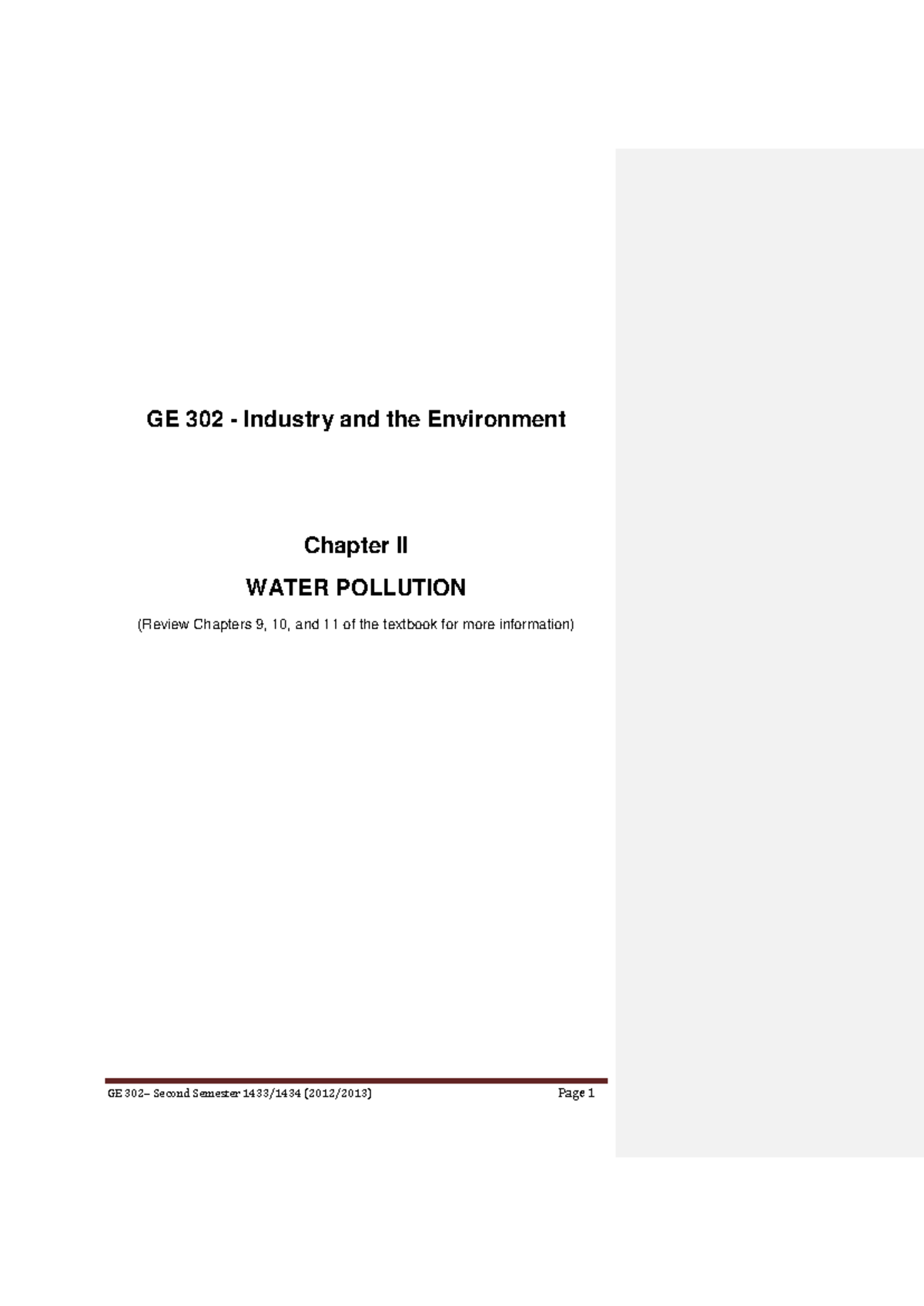 CH 2- Water Pollution - GE 302 - Industry and the Environment Chapter ...