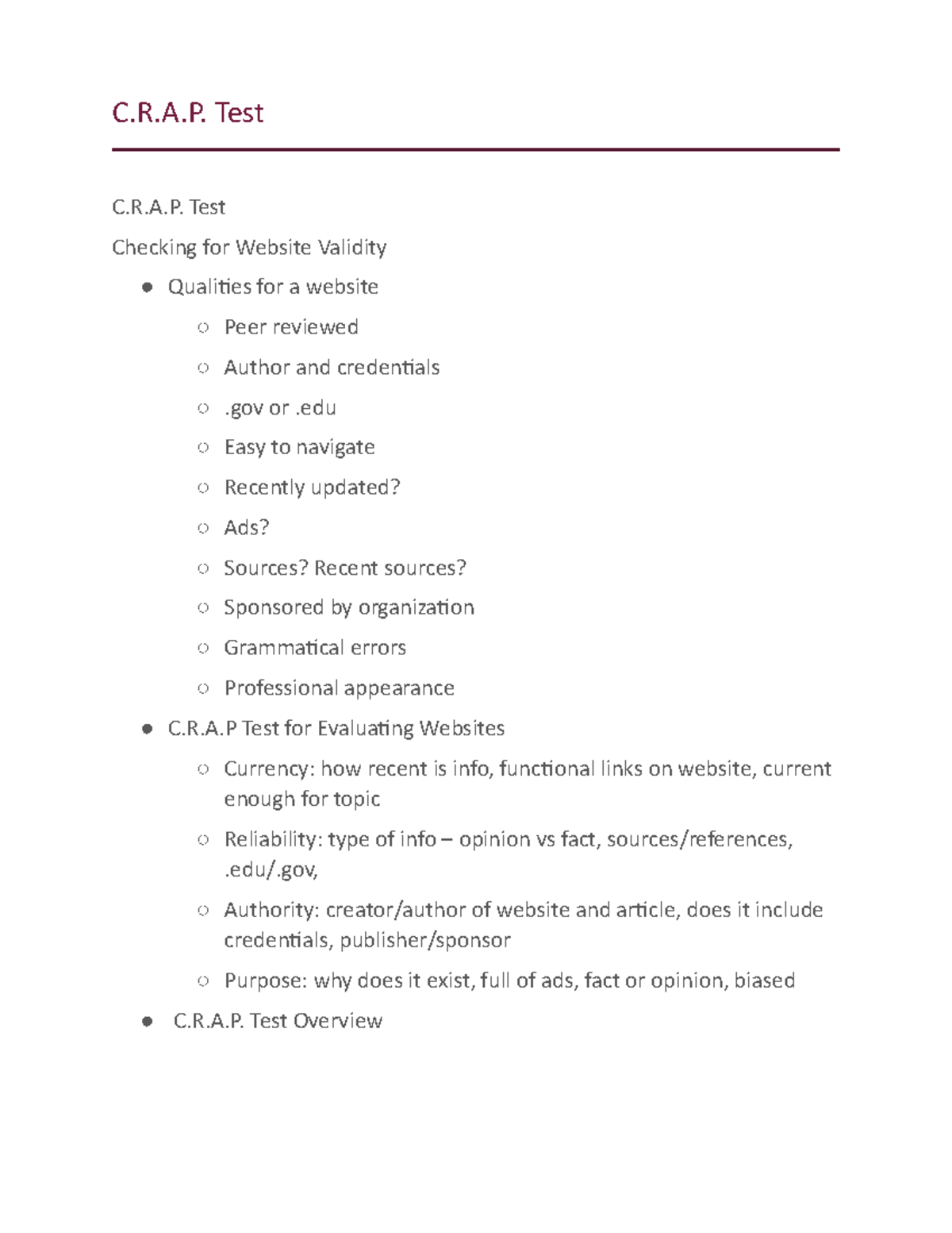 CRAP Test - Prof Laura Gaddis - C.R.A. Test C.R.A. Test Checking for ...