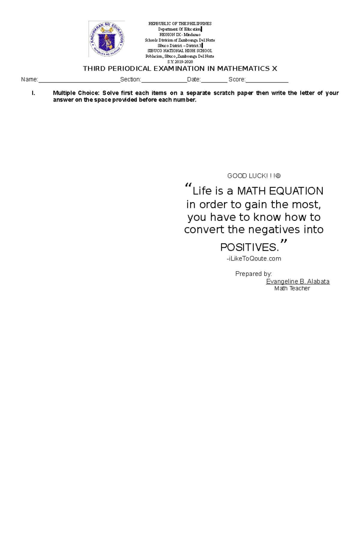 Math G10 Q3 PT - Periodical Test - REPBUBLIC OF THE PHILIPPINES ...