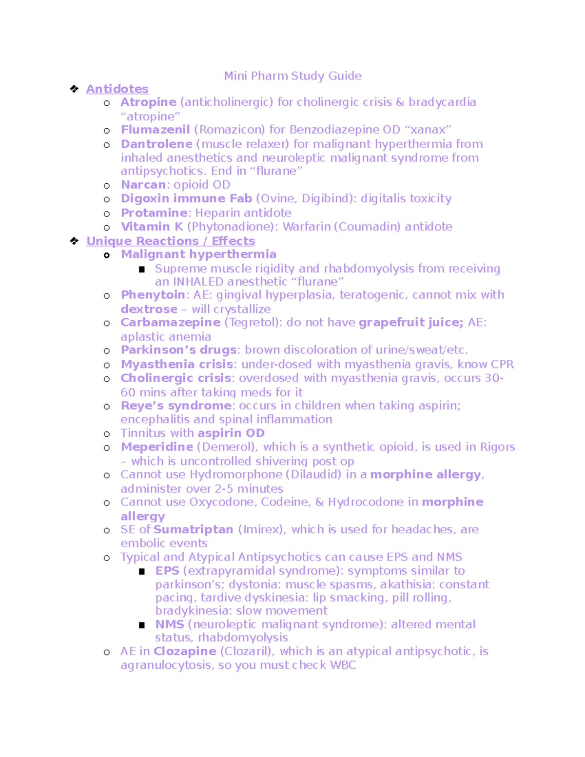 Mini Pharm Study Guide - End in “flurane” o Narcan: opioid OD o Digoxin ...