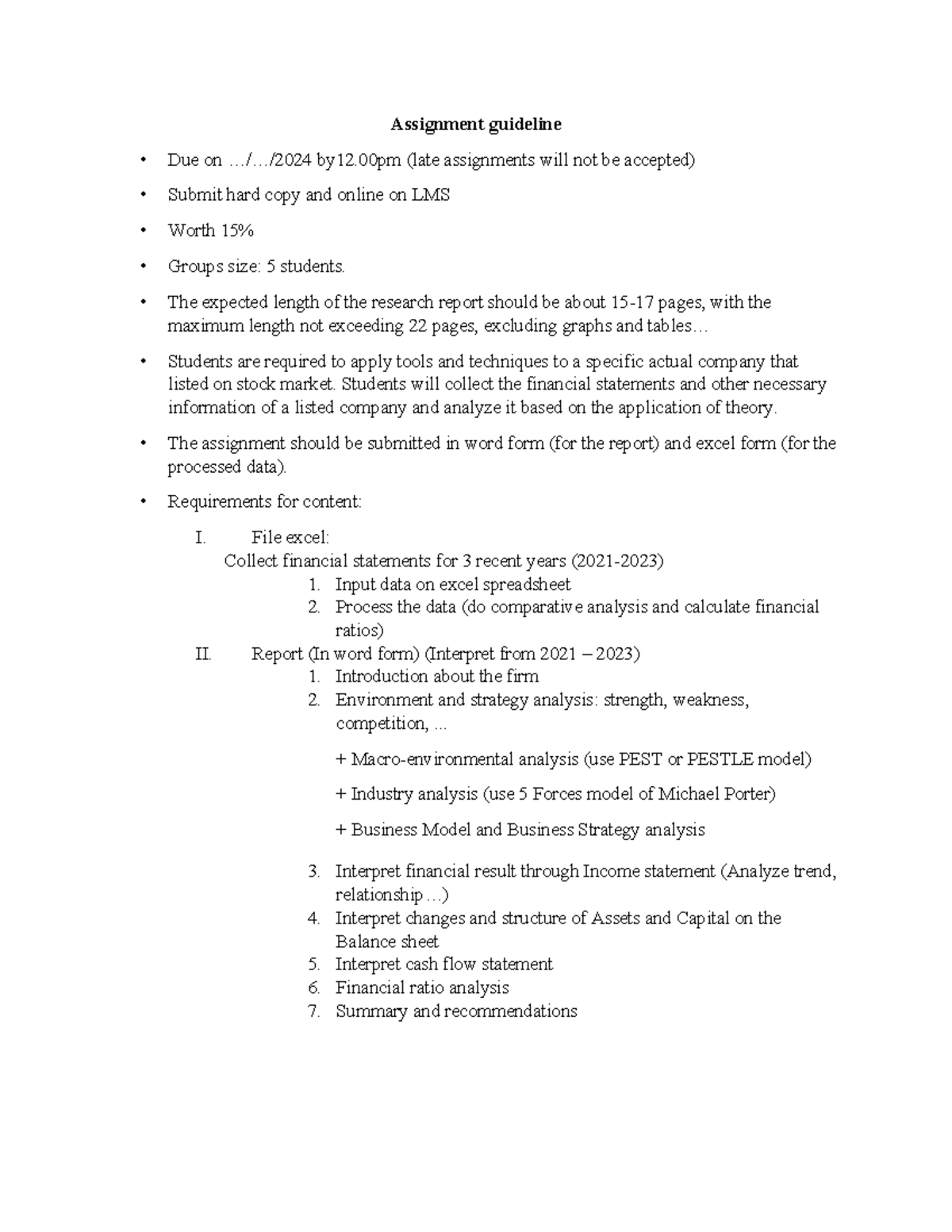 Assignment Guideline 2024 - Assignment guideline Due on .../.../2024 by12 (late assignments will ...