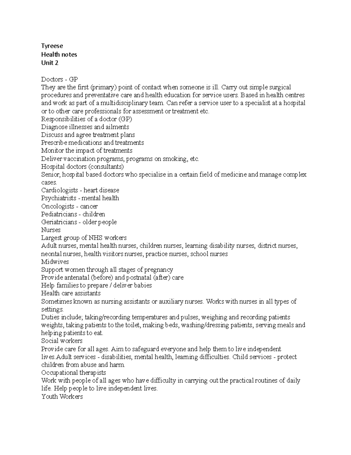 45 health and social care - Tyreese Health notes Unit 2 Doctors - GP ...