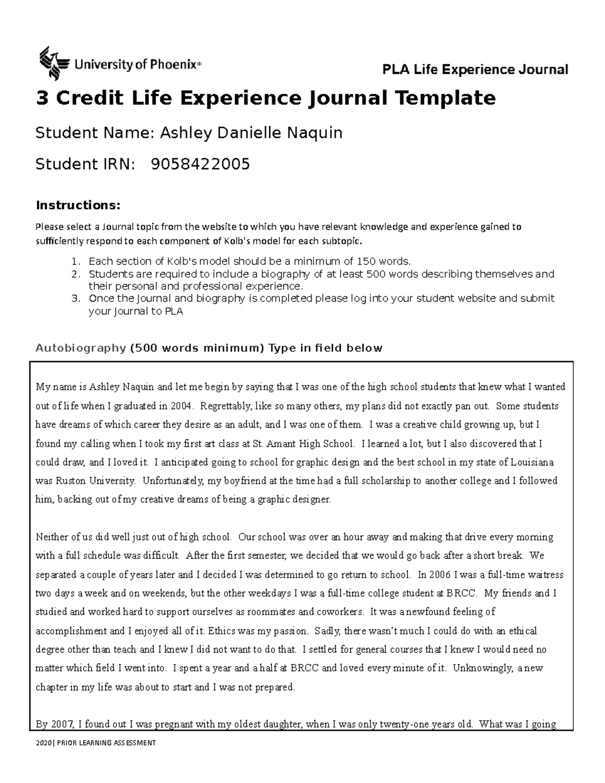 Ashley Naquin - 3 Credit PLA - 3 Credit Life Experience Journal ...