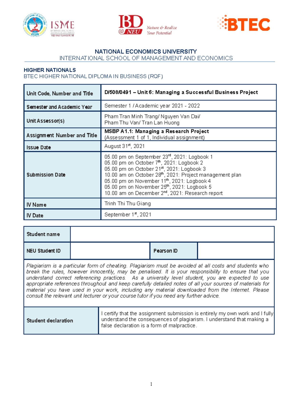 Assignment Brief of Managing a Successful Business Project - NATIONAL ...