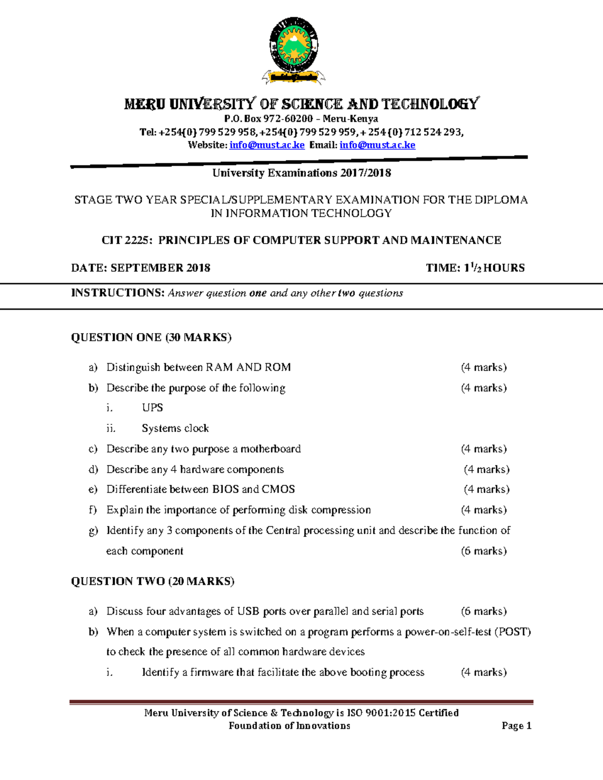CIT 2225 Principles of Computer support and Maintenance - Meru ...