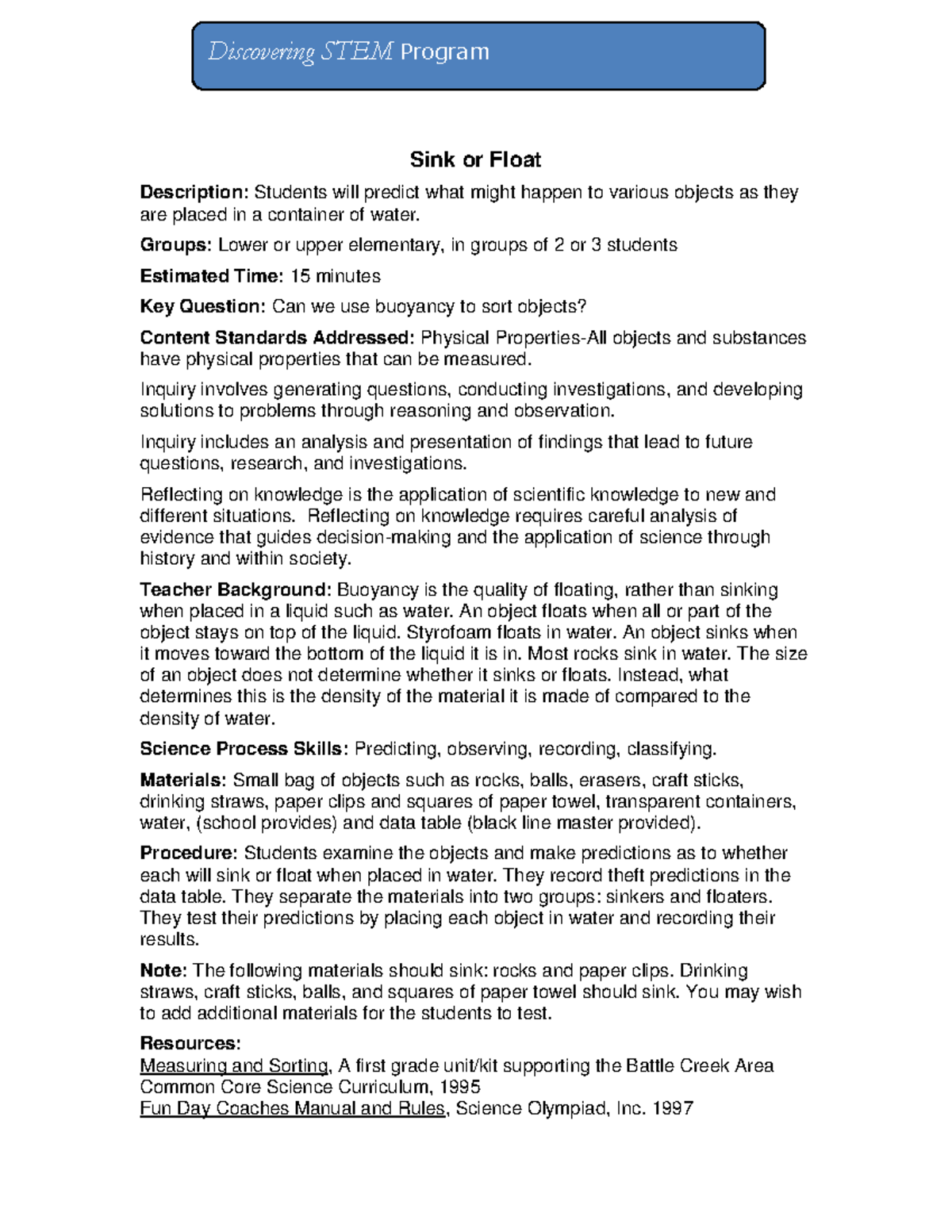 Sink or float activity description - Discovering STEM Program Sink or ...