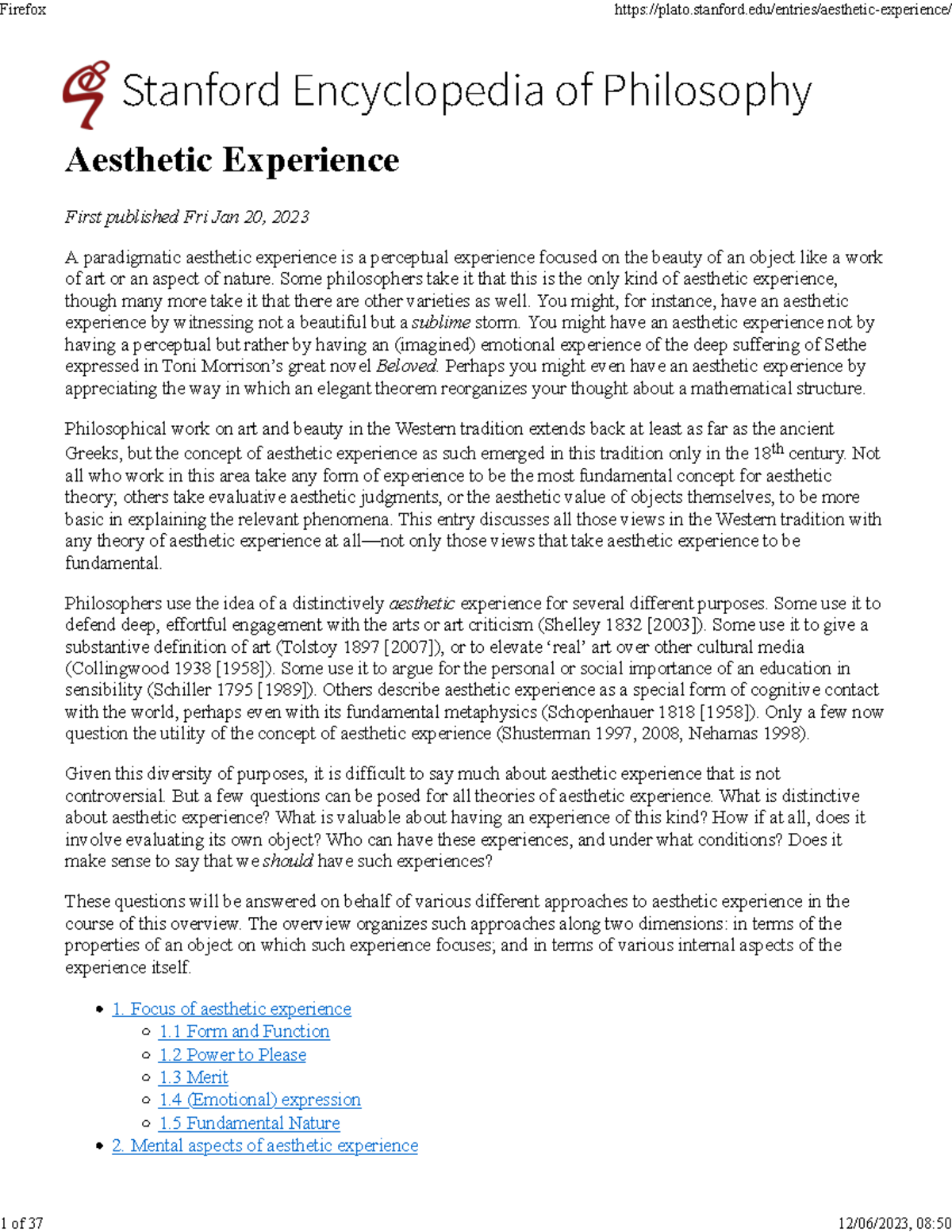 Aesthetics - Aesthetic Experience (Stanford Encyclopedia of Philosophy ...