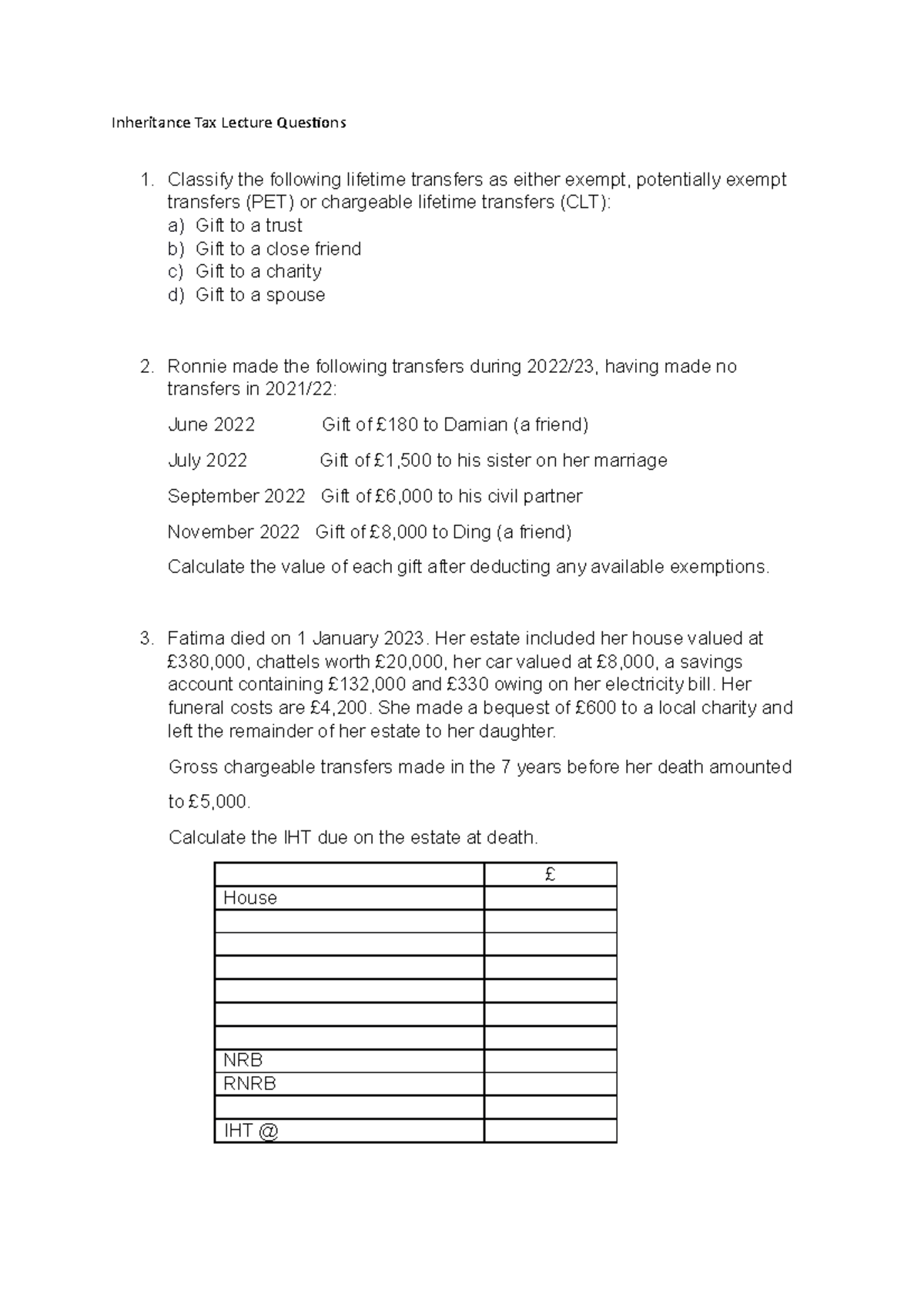 Inheritance Tax Questions - Inheritance Tax Lecture Questions Classify ...