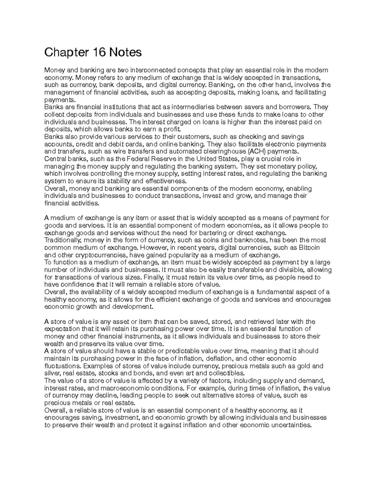 Chapter 16 Notes - Chapter 16 Notes Money and banking are two ...