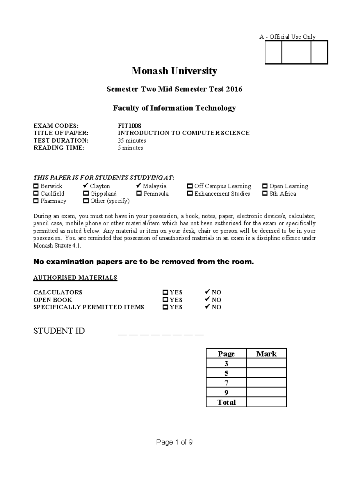 Mst a 2016 - mid sem test - A - Official Use Only Monash University ...
