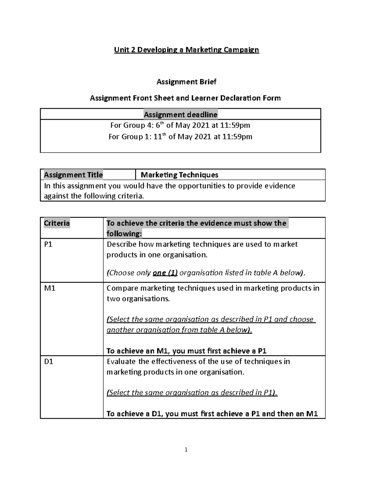 Assignment Brief - May 2021 - Unit 2 Developing a Marketing Campaign ...