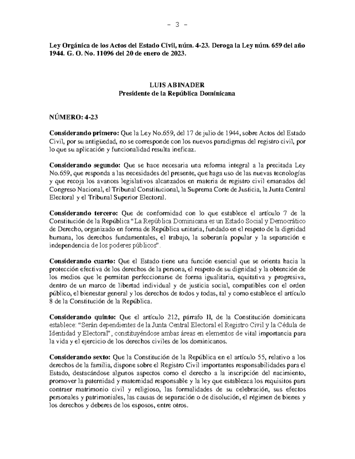 Ley 4-23 Estado Civil - Ley Orgánica de los Actos del Estado Civil, núm ...