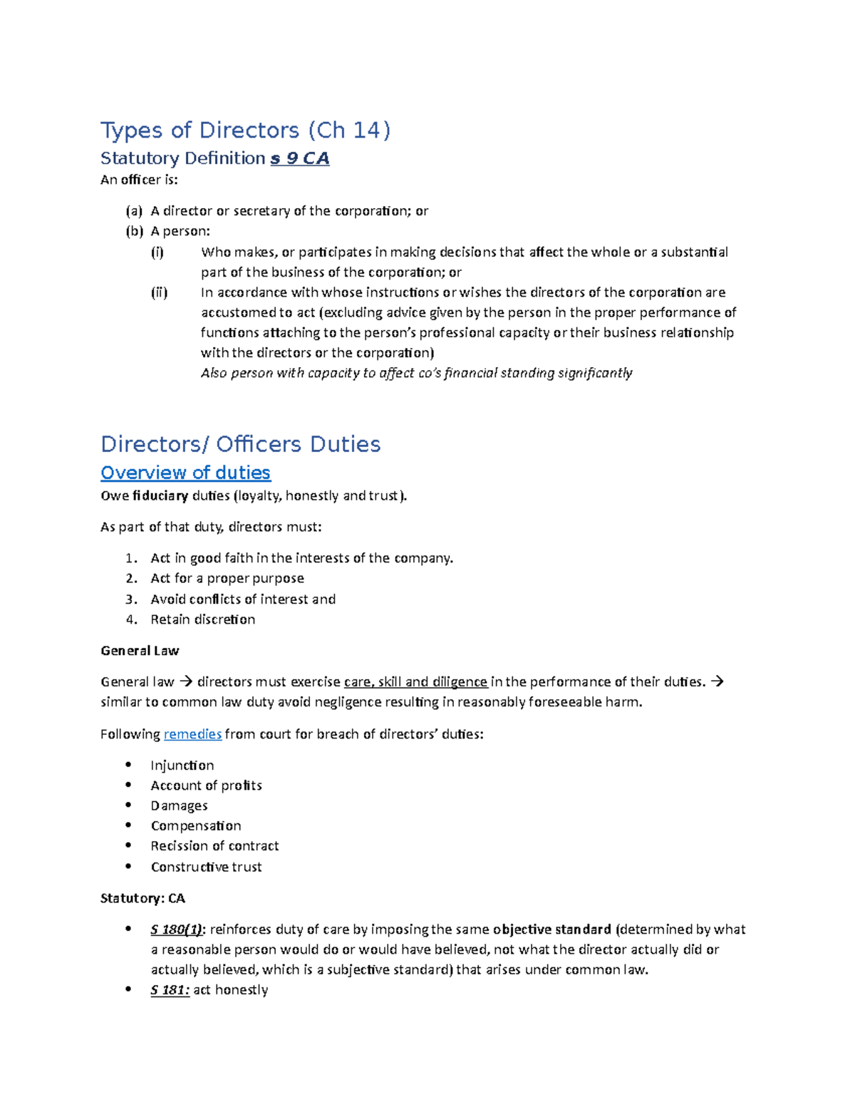 Director Duties Notes - Types of Directors (Ch 14) Statutory Definition ...