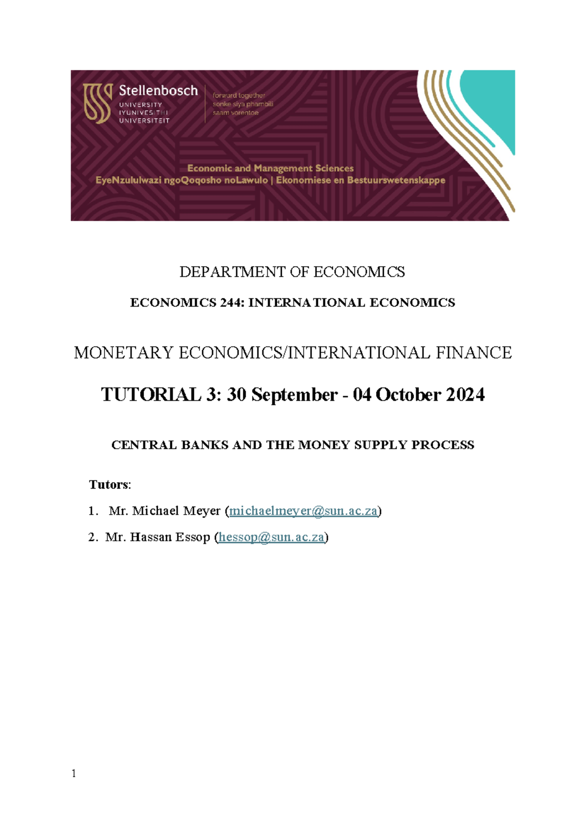 Int Finance tut 3 ENG - Tutorial 3 - ECON 144 - DEPARTMENT OF ECONOMICS ...