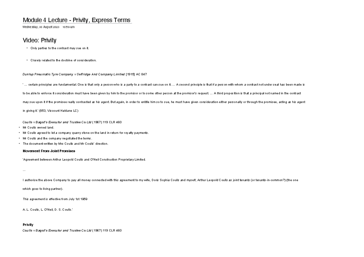 4weekclass-notes - Module 4 Lecture - Privity, Express Terms Wednesday ...
