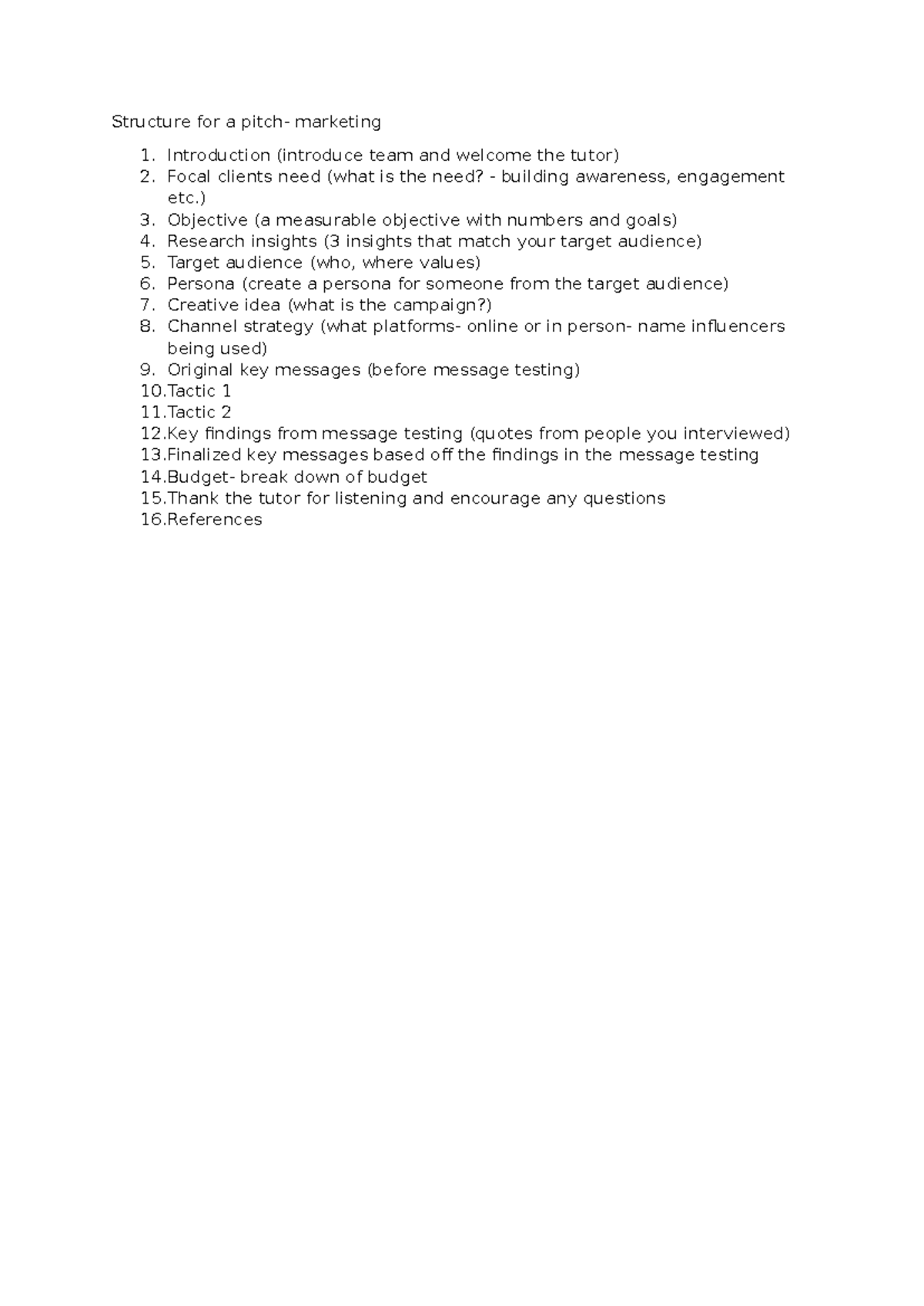 Structure for a pitch - notes - Structure for a pitch- marketing 1 ...