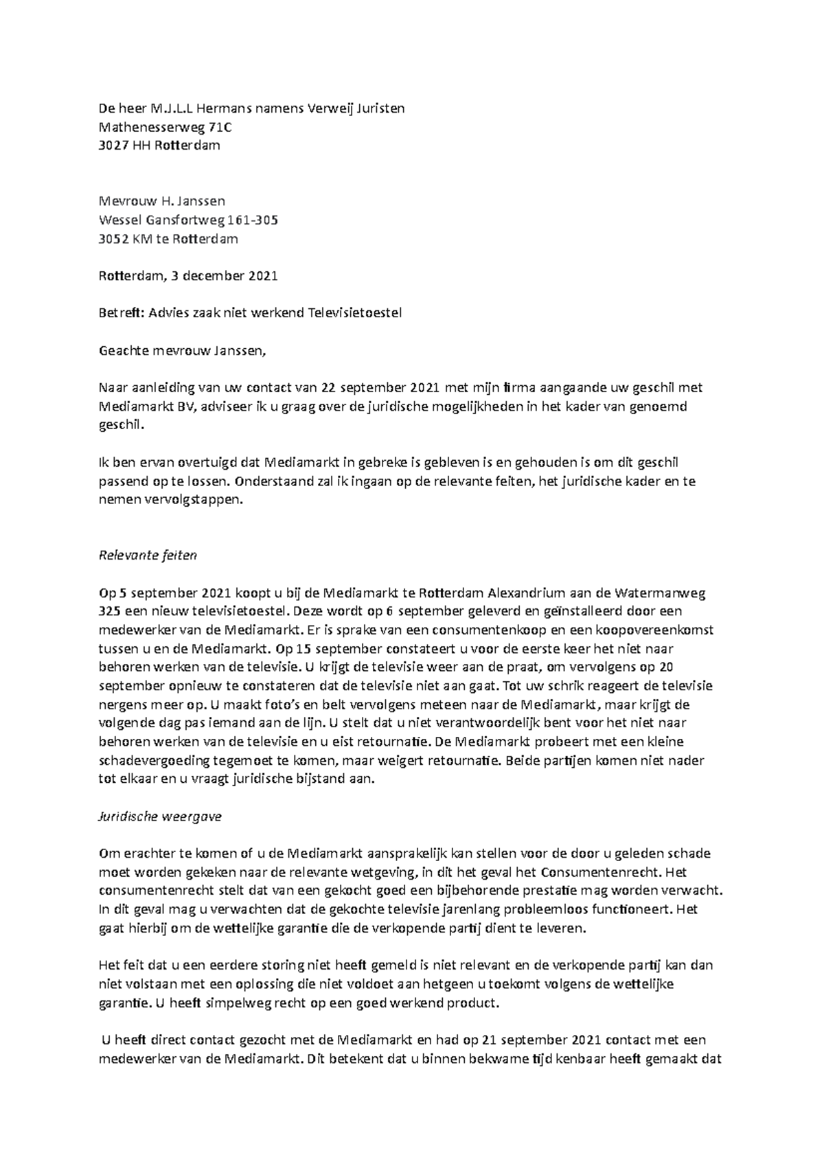 Adviesbrief Mevr Janssen - De heer M.J.L Hermans namens Verweij ...