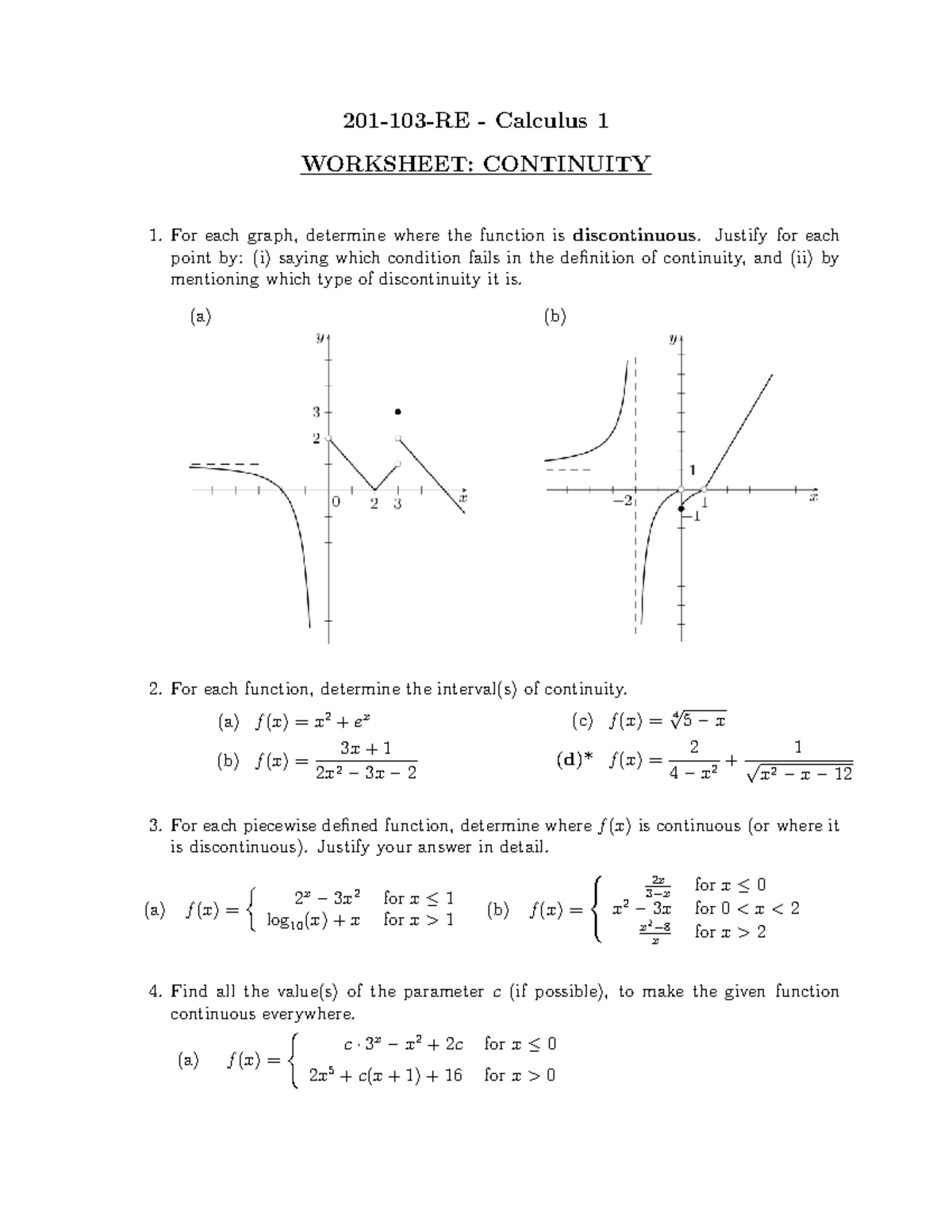 Calc review 7-8 - 201-103-RE - Calculus 1 WORKSHEET: CONTINUITY For ...