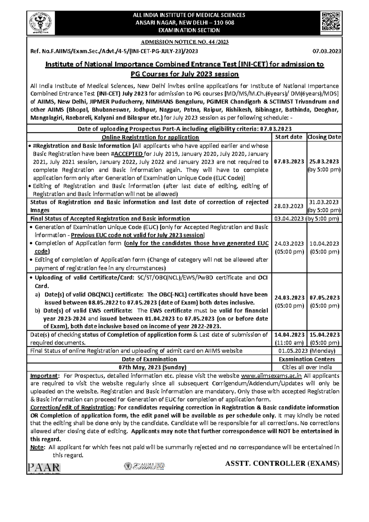 Advertisement Inicet JULY 2023 Session - ALL INDIA INSTITUTE OF MEDICAL ...