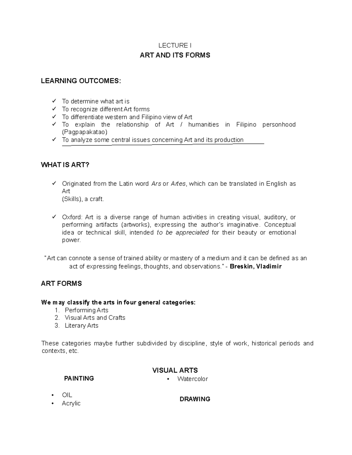 Art App Lecture I - materials for art appreciation - LECTURE I ART AND ...