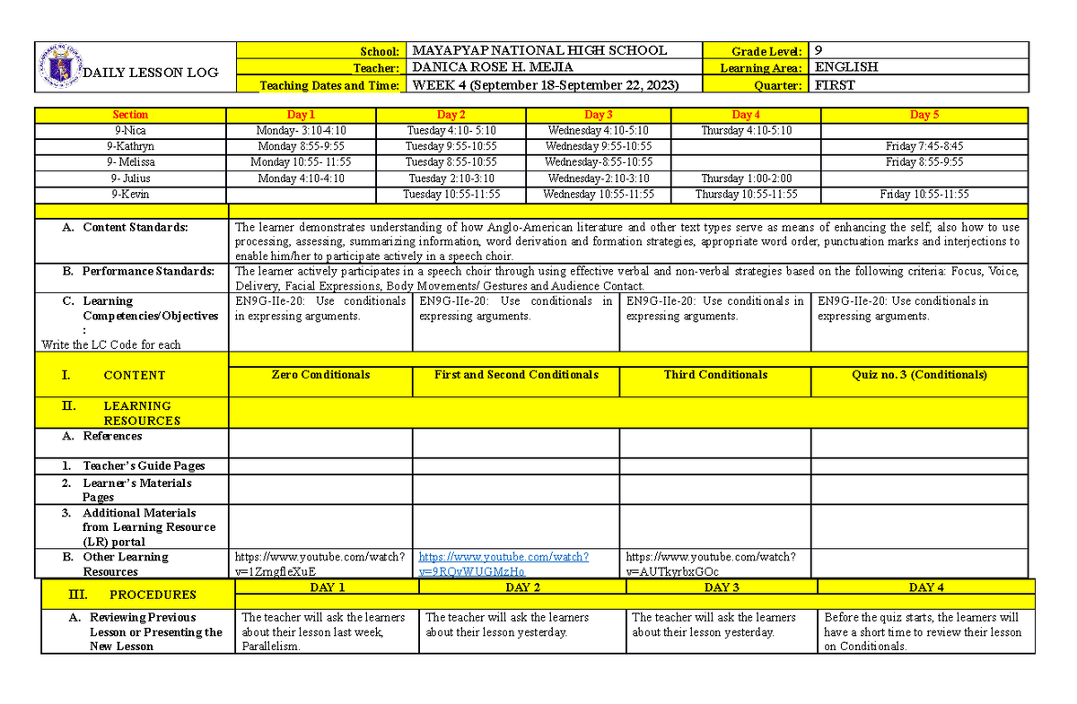 DLL WEEK 4 ENG 9 - DLL - DAILY LESSON LOG School: MAYAPYAP NATIONAL ...