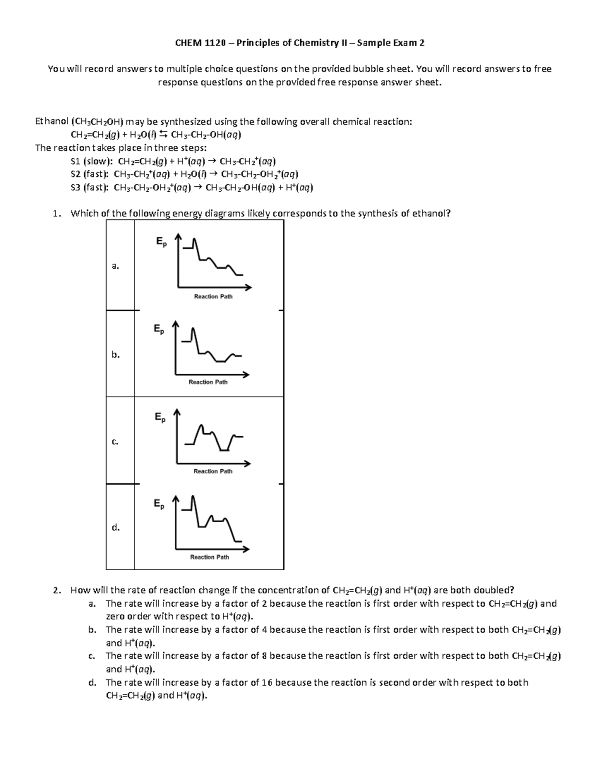 CHEM 1120 Sample Exam 2 - Practice exam for Exam 2 - CHEM 1120 ...