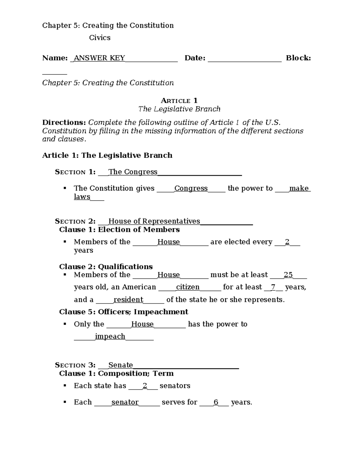 Const - Civics Name: ANSWER KEY______________ Date ...