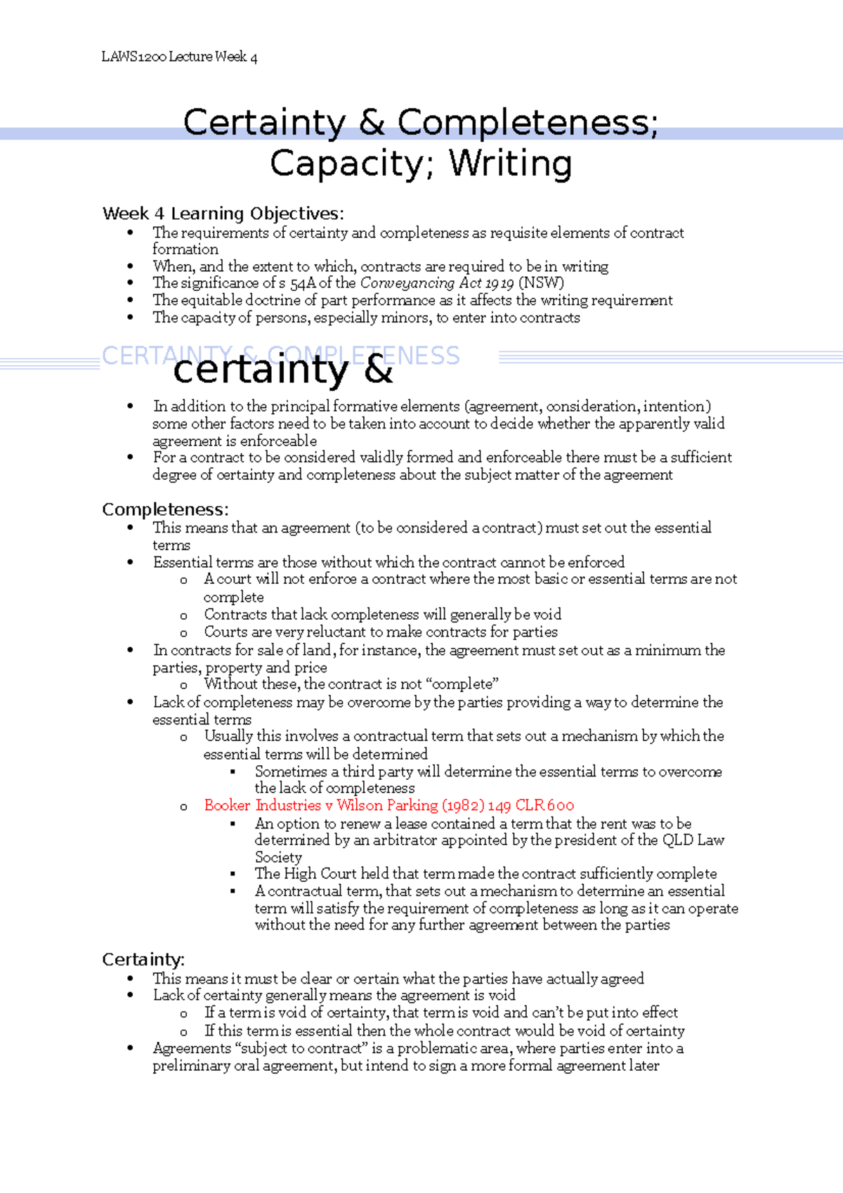 LAWS1200 Week 4 Certainty/Completeness, Capacity, Writing - Certainty ...