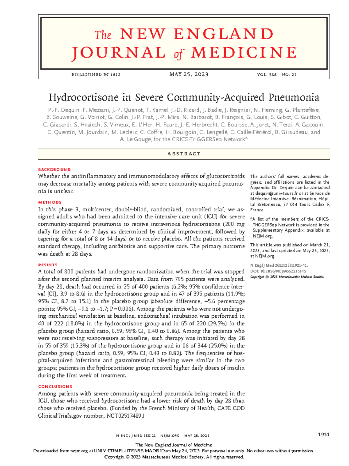 Hydrocortisone in Severe Community-Acquired Pneumonia - The new england ...