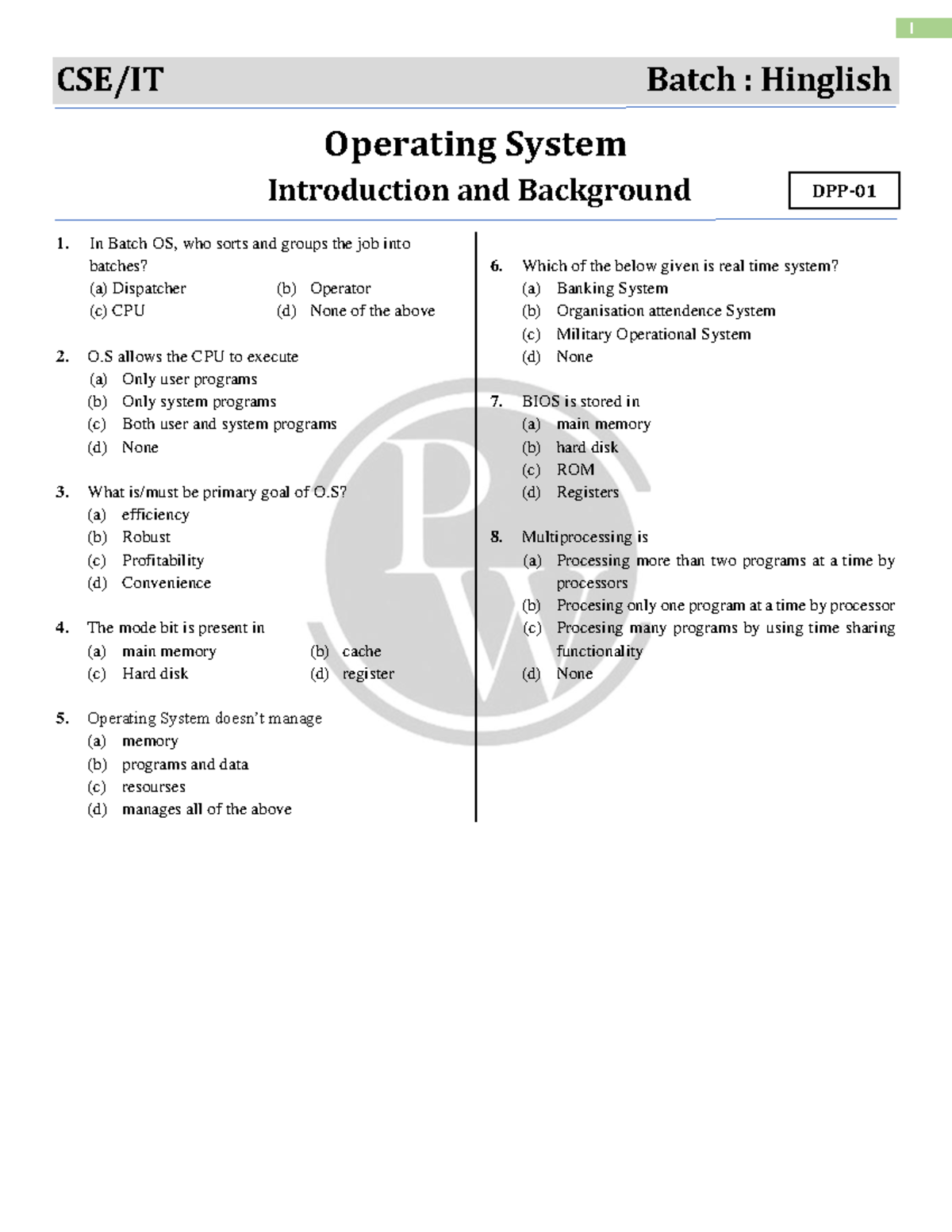 Os merged - dpp - CSE/IT Batch : Hinglish Operating System Introduction and Background In Batch ...