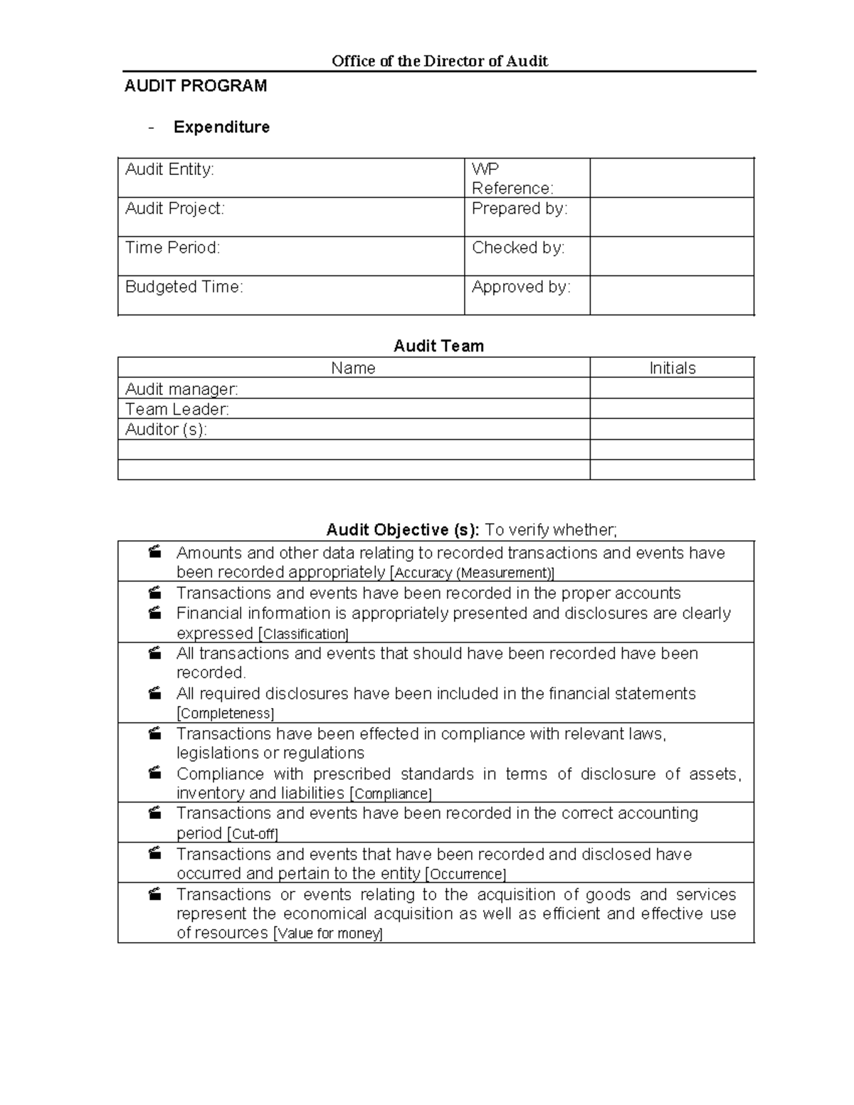 Audit-program-sample - AUDIT PROGRAM - Expenditure Audit Entity: WP ...