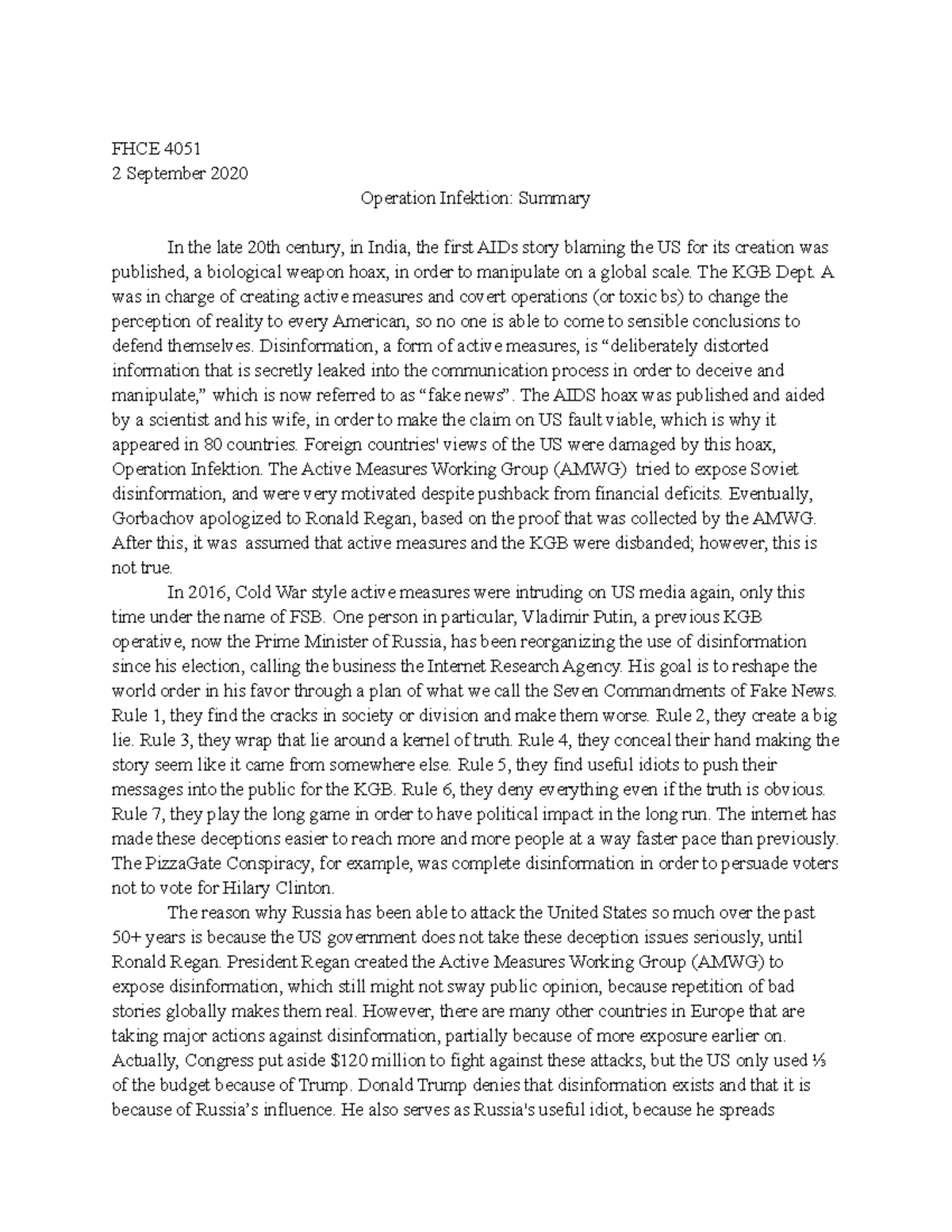 Operation Infektion Summary-2 - FHCE 4051 2 September 2020 Operation ...