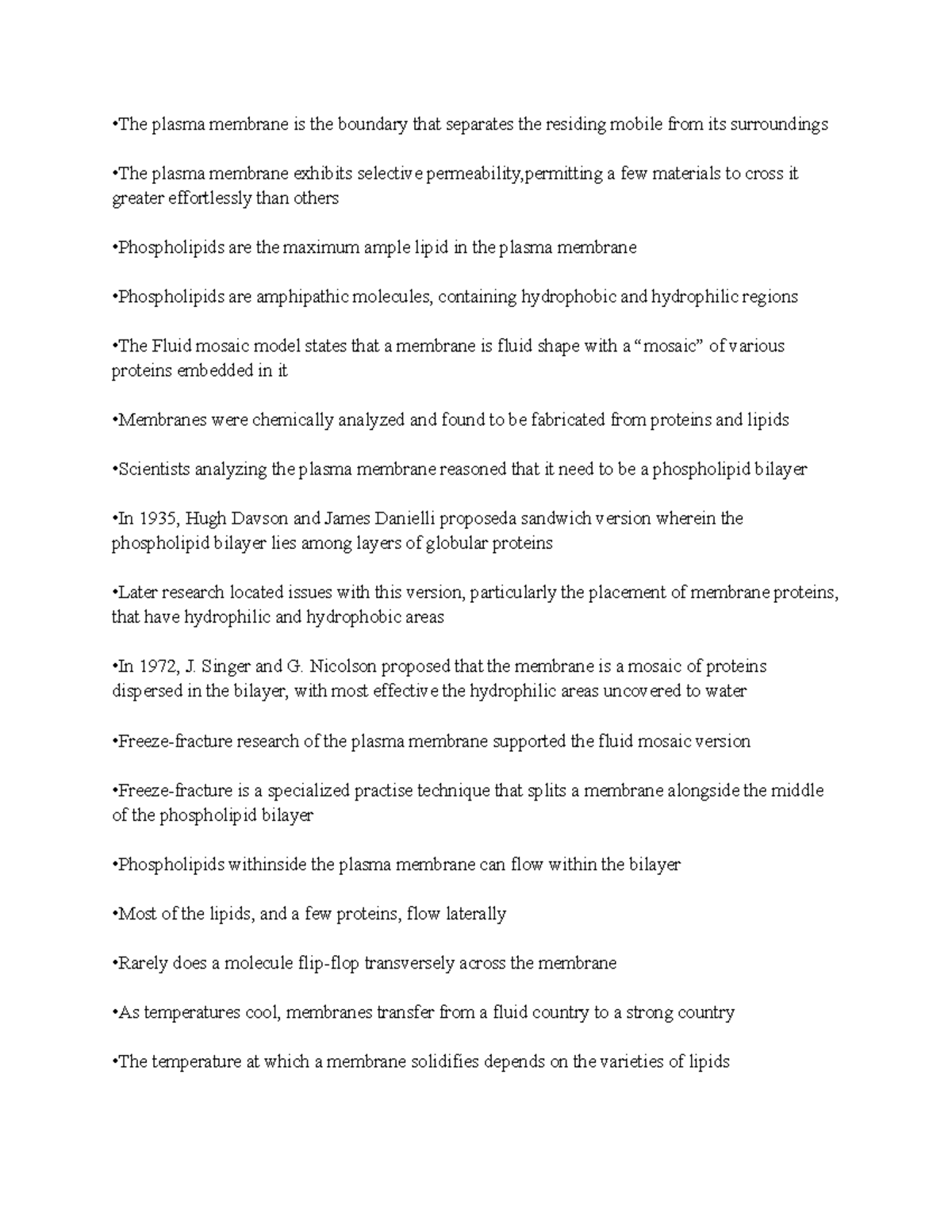 Biology 7 Notes - •The plasma membrane is the boundary that separates ...