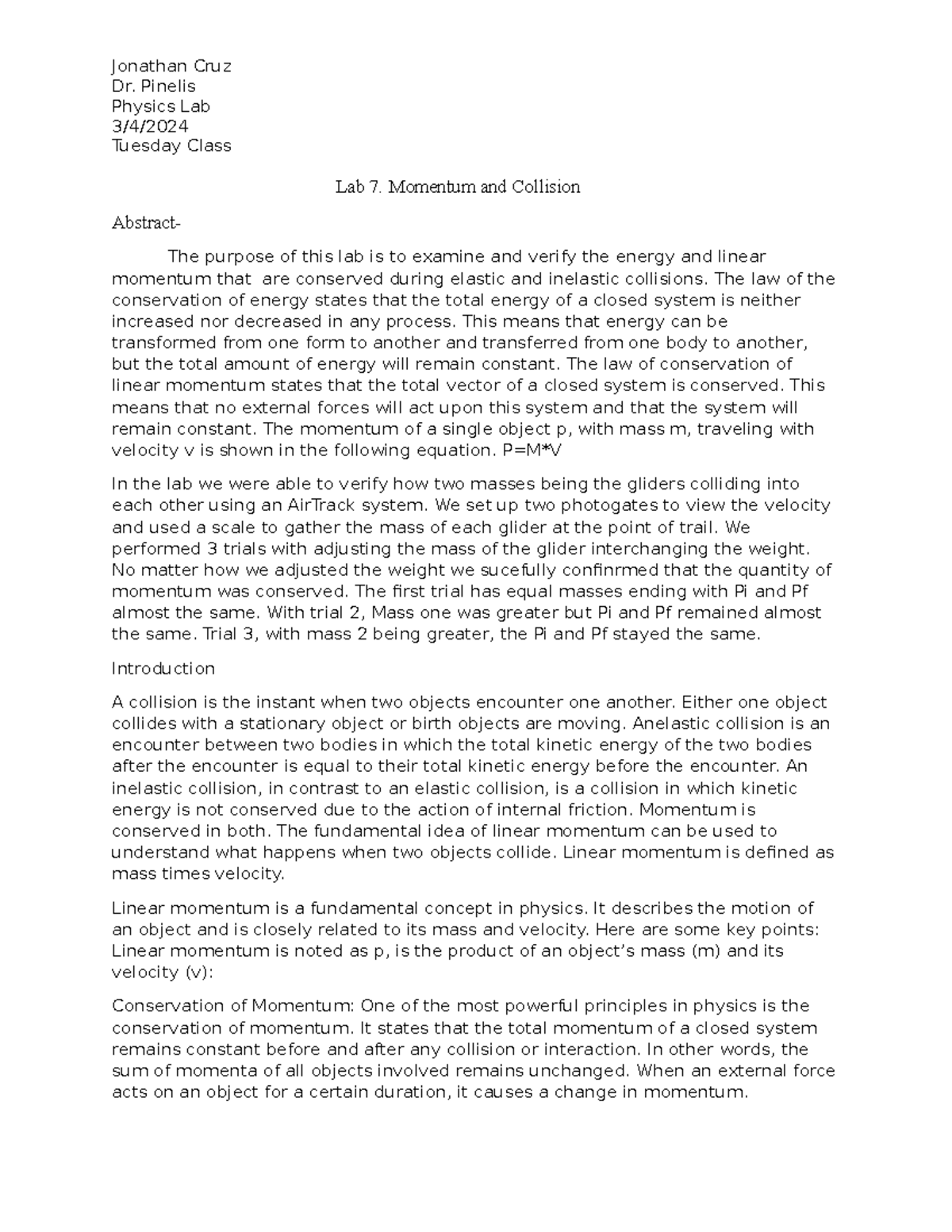 Lab 7 Collision Dr Pinelis Physics Lab 3 4 Tuesday Class Lab 7