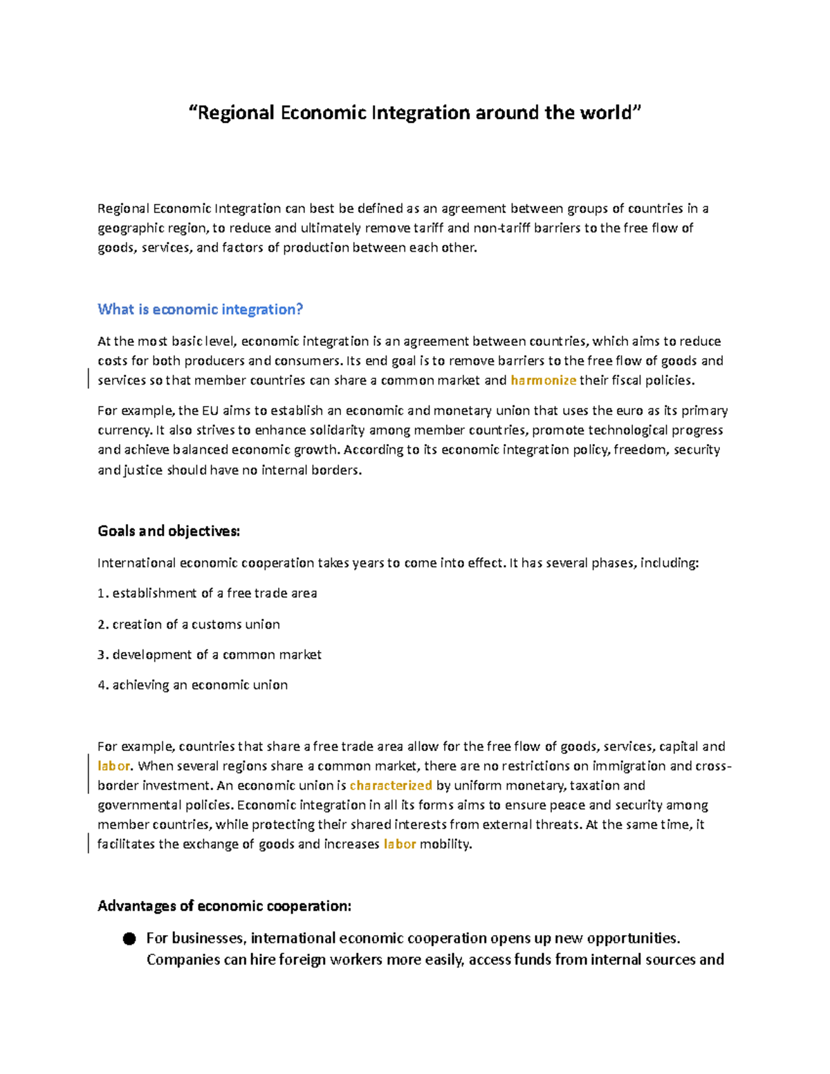 IB Assignment - “Regional Economic Integration around the world ...