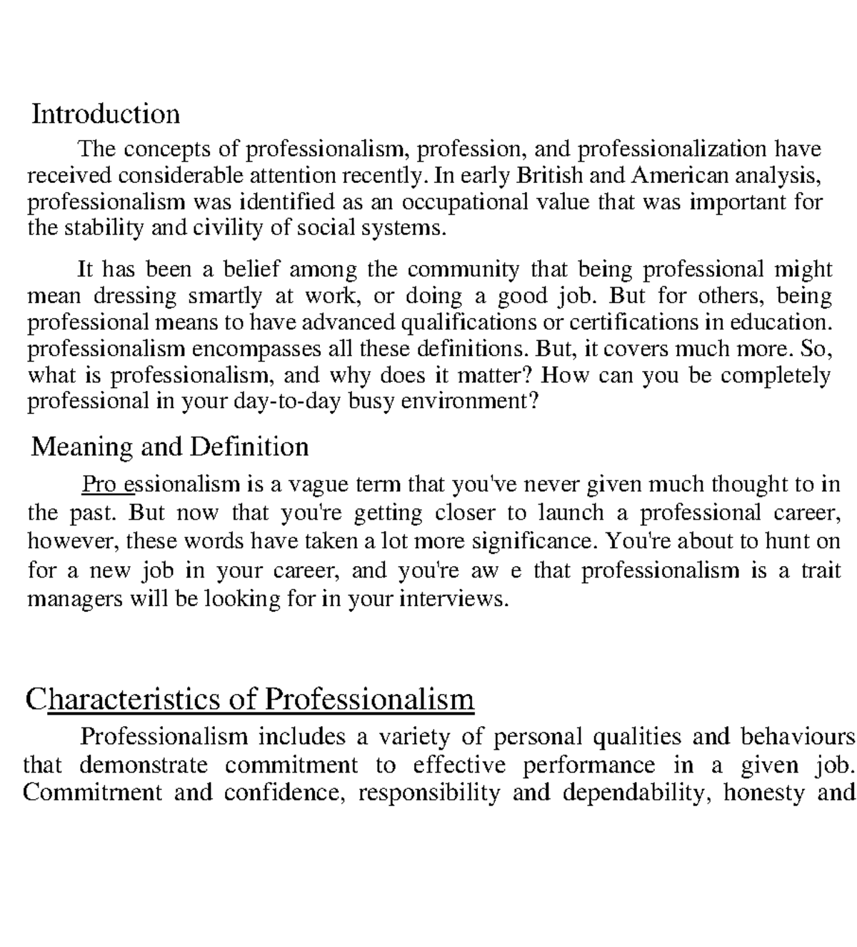 Professionalism - It's a lecture note - Introduction The concepts of ...