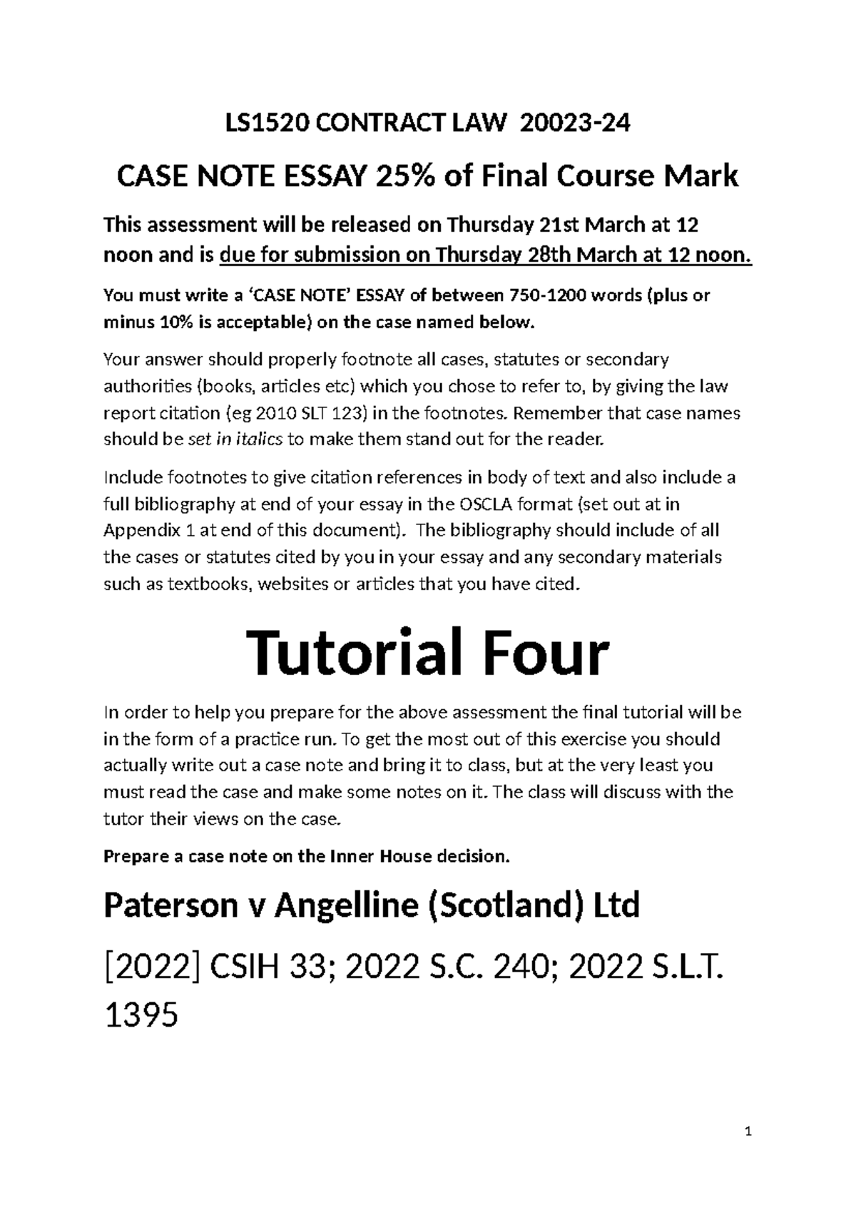 LS1520 CONTRACT LAW 20023-24 CASE NOTE ESSAY - You must write a ‘CASE NOTE’ ESSAY of between ...