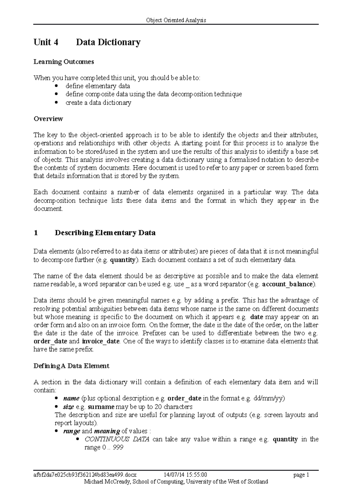 Unit4 notes - Object Oriented Analysis Unit 4 Data Dictionary Learning ...