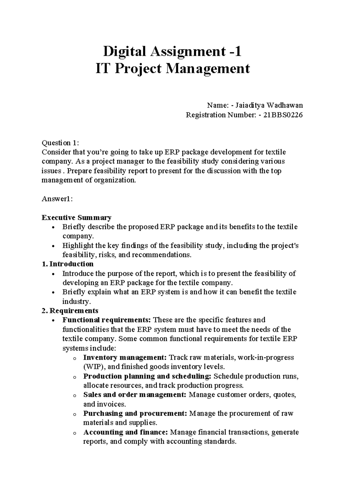 Jaiit - It is digital assignment - Digital Assignment - 1 IT Project Management Name ...
