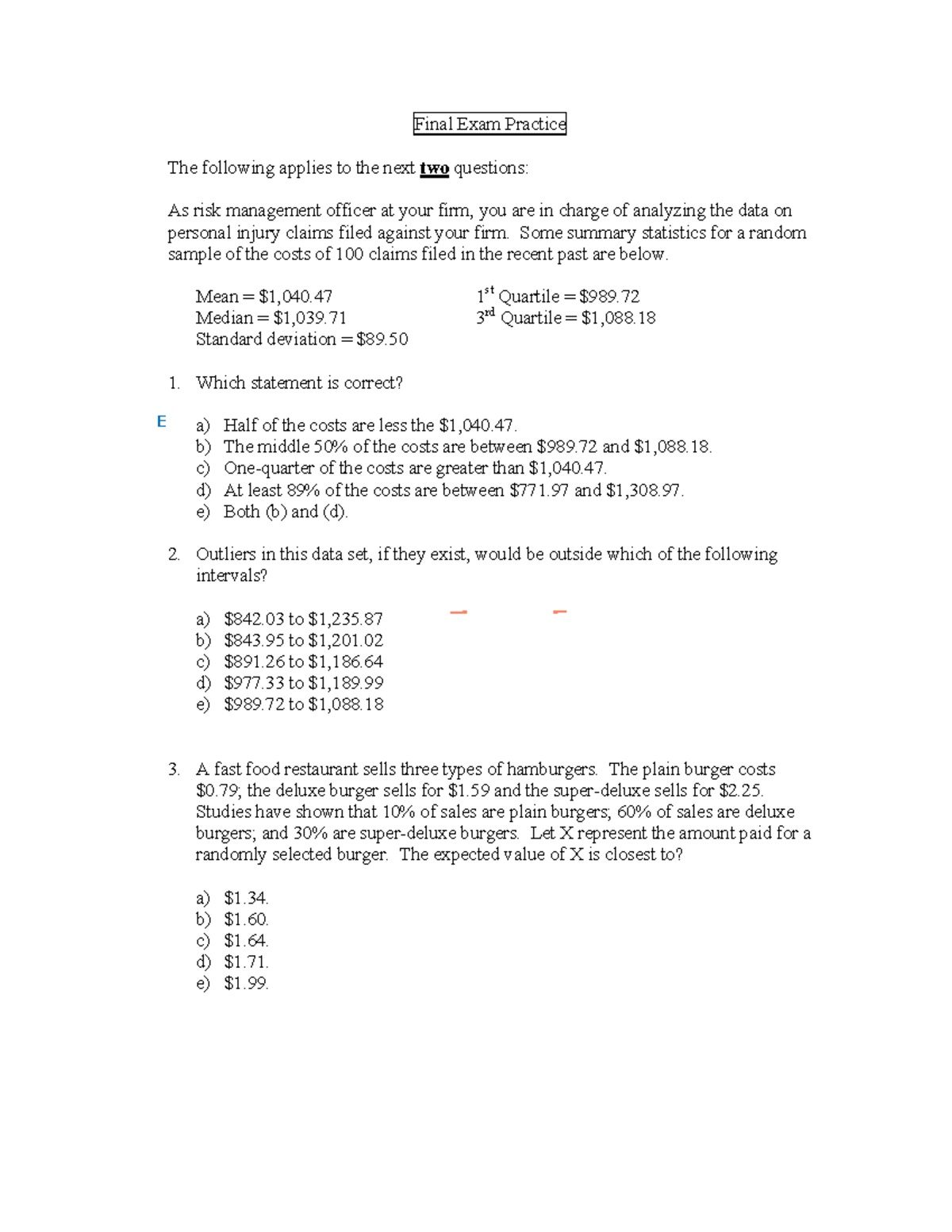 Final Exam Practice 1 - đề thi thực môn XSTK - Final Exam Practice The ...