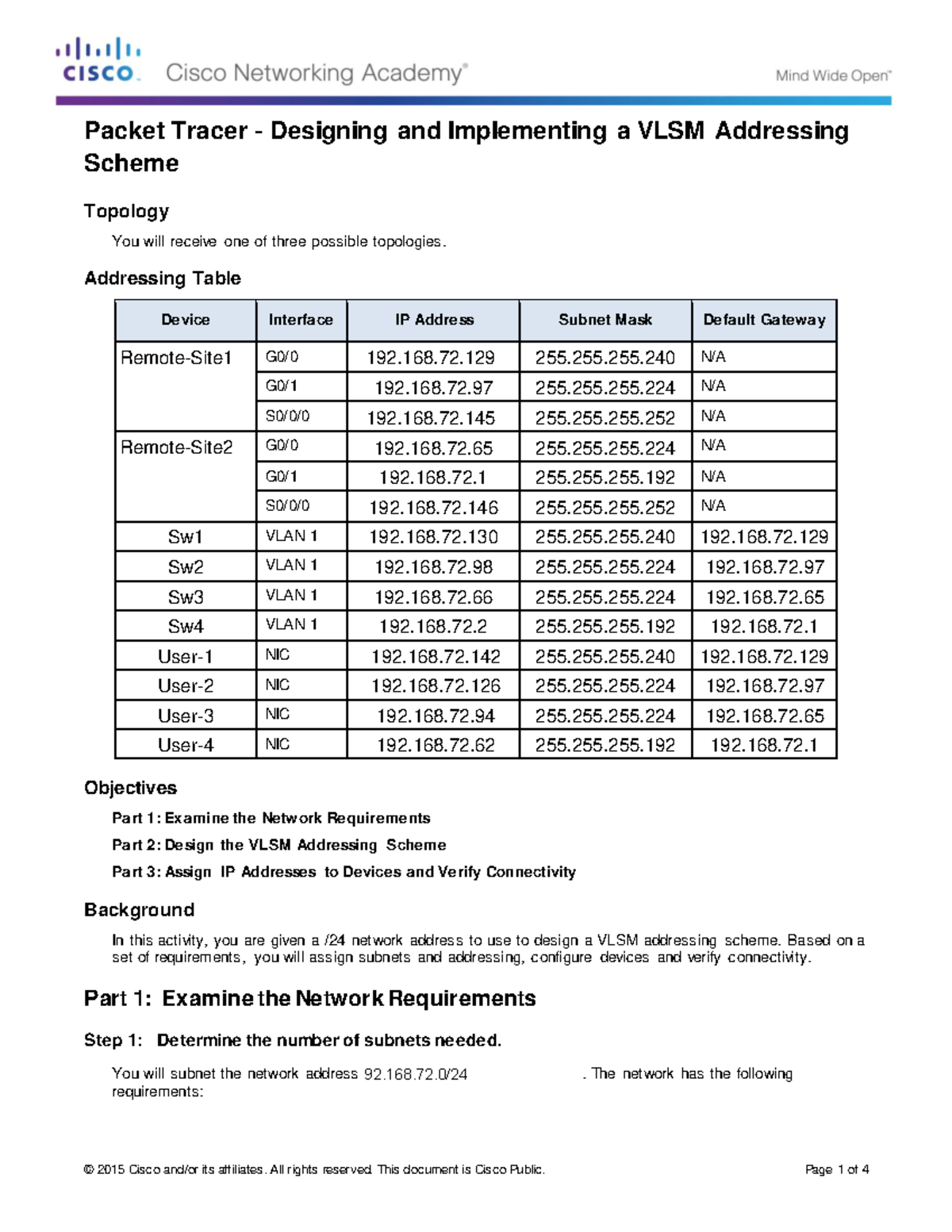 8.2.1.4 Packet Tracer - Designing and Implementing a VLSM Addressing ...