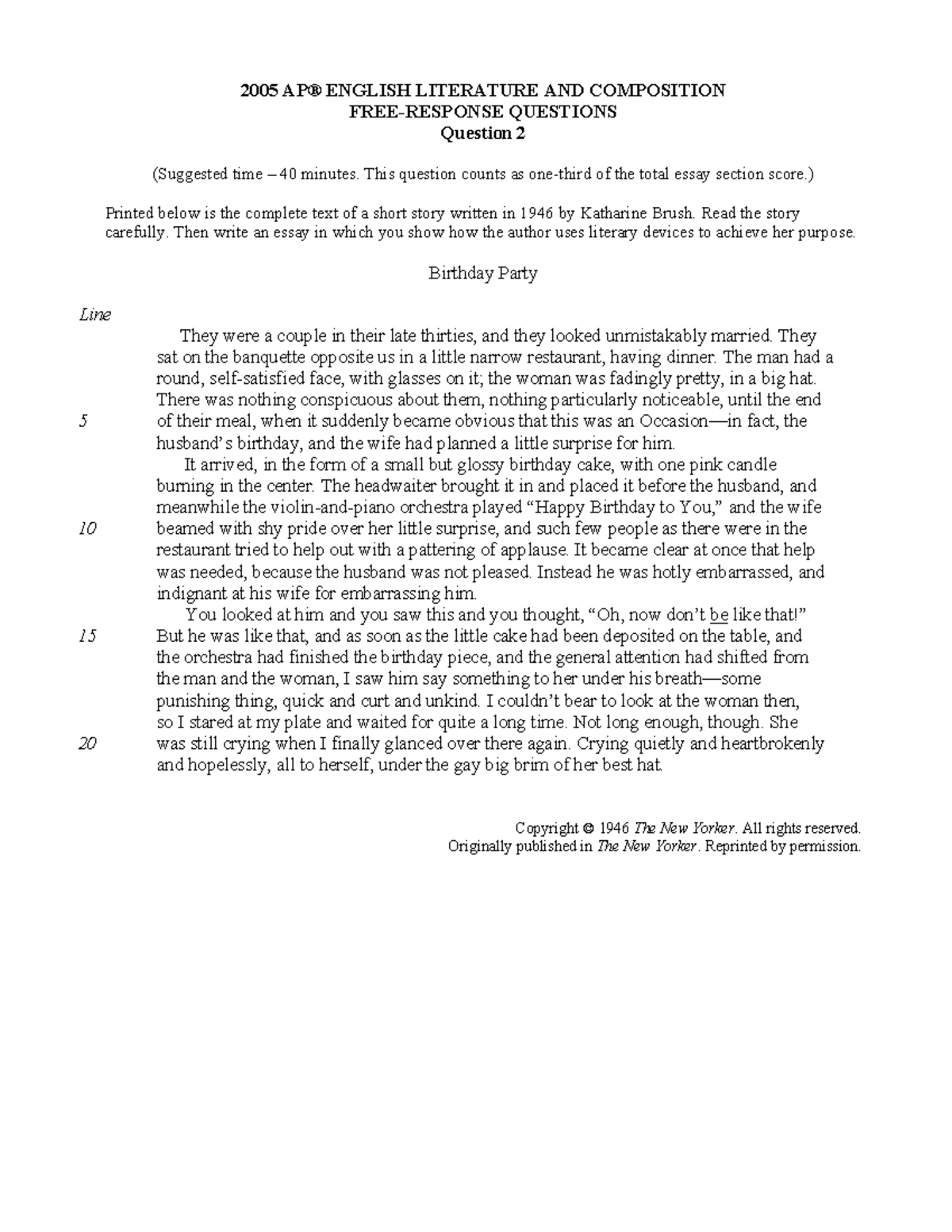 Birthday Party Prose Prompt - 2005 AP® ENGLISH LITERATURE AND ...