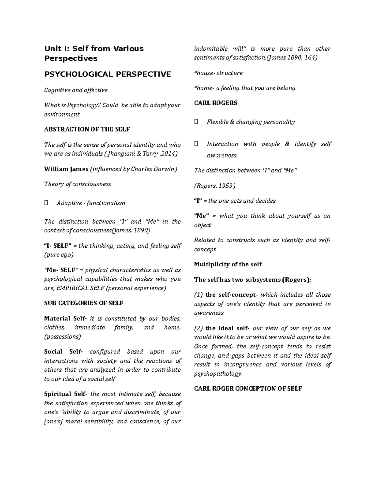 Understanding THE SELF - Unit I: Self from Various Perspectives PSYCHOLOGICAL PERSPECTIVE ...