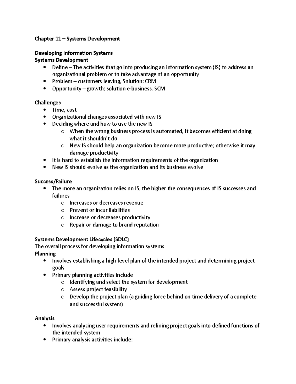 Chapter 11 Lecture Notes 11 Chapter 11 Systems Development Developing Information Systems