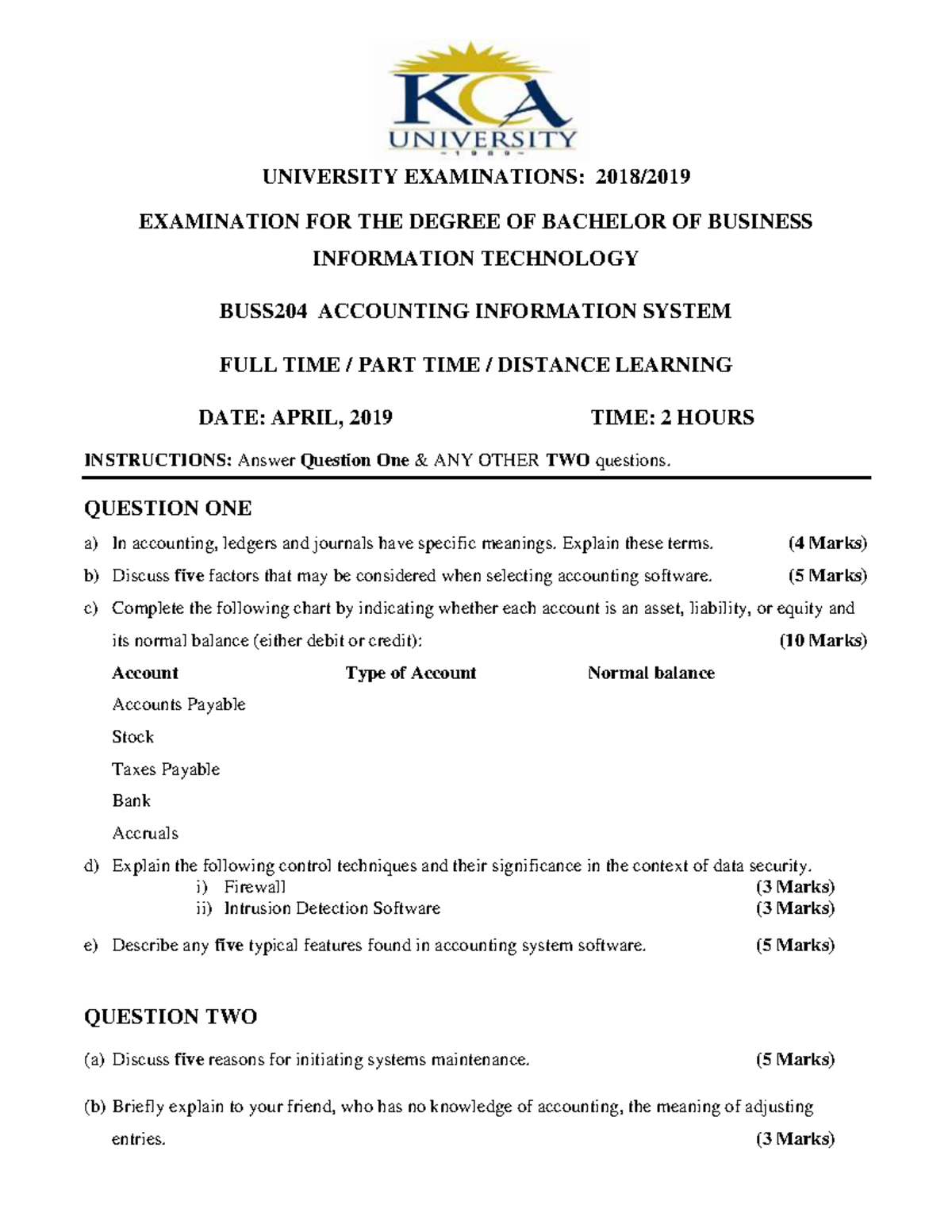 Exam 4 April 2019, questions - UNIVERSITY EXAMINATIONS: 2018 ...