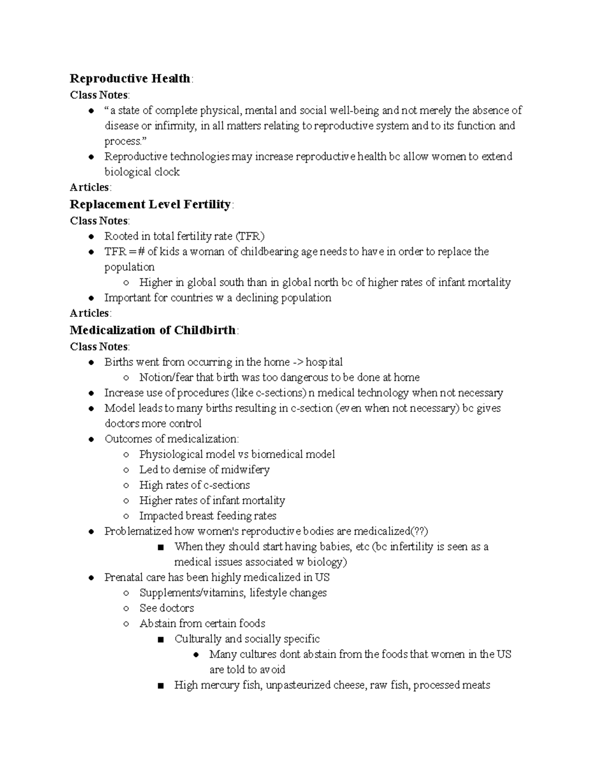 H and S study guide - Reproductive Health: Class Notes: “a state of ...