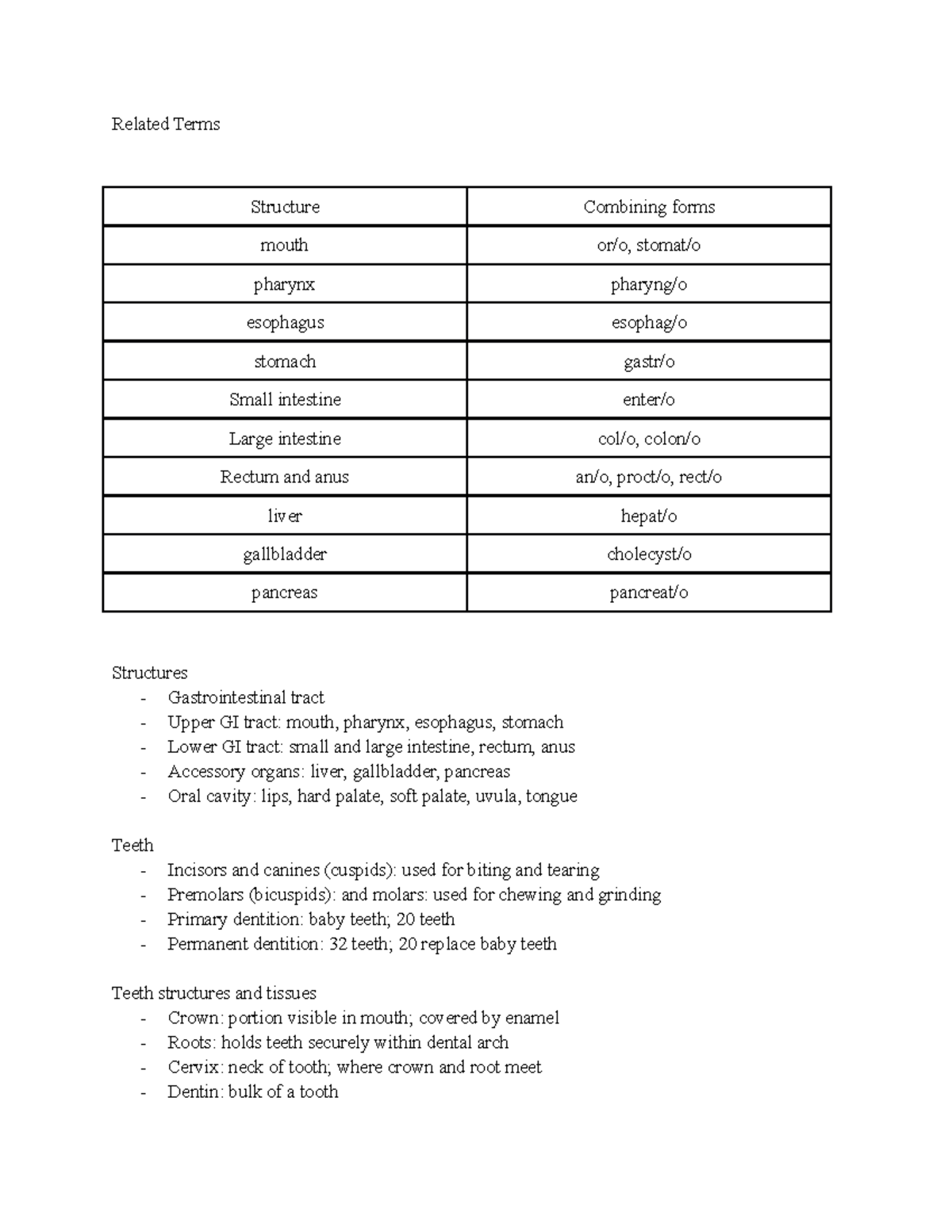 4.1 The Digestive System - Related Terms Structure Combining forms ...