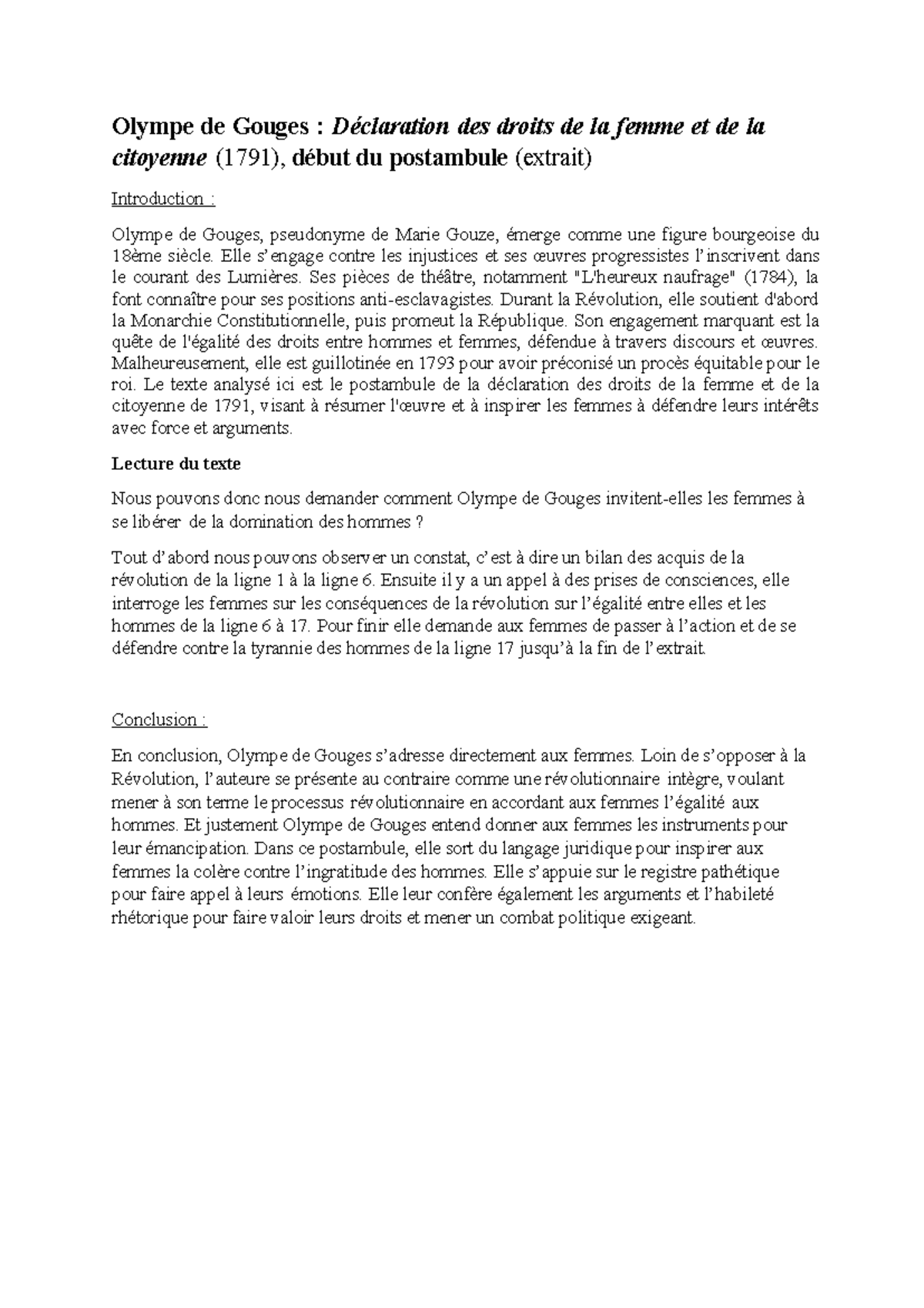 LL1 DDFC Postambule - Lecture Linéaire - Olympe de Gouges : Déclaration ...